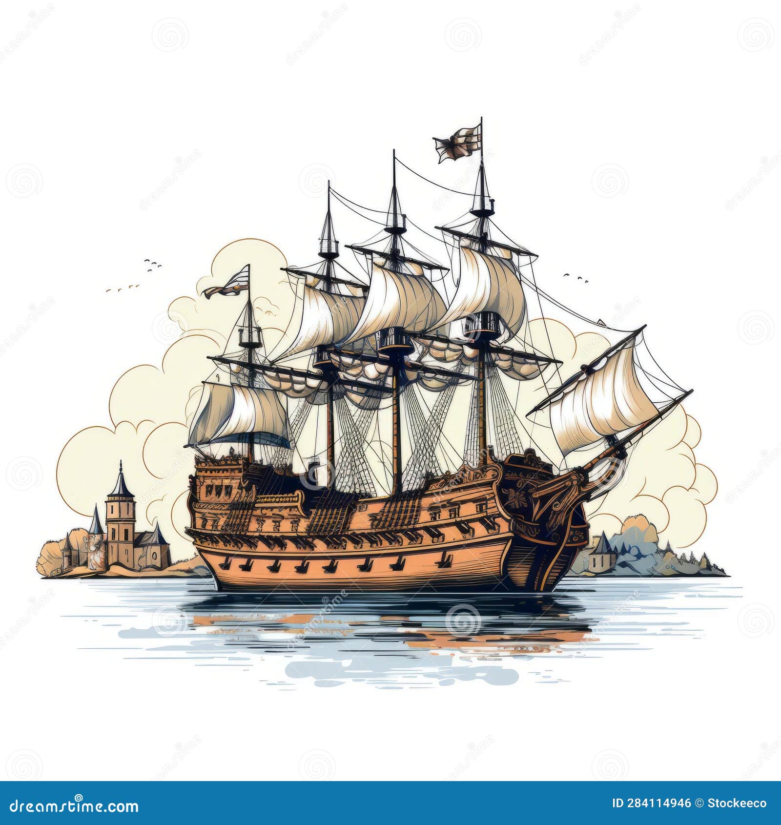 Historic Ship on the Sea Vector Illustration in Renaissance Style Stock ...