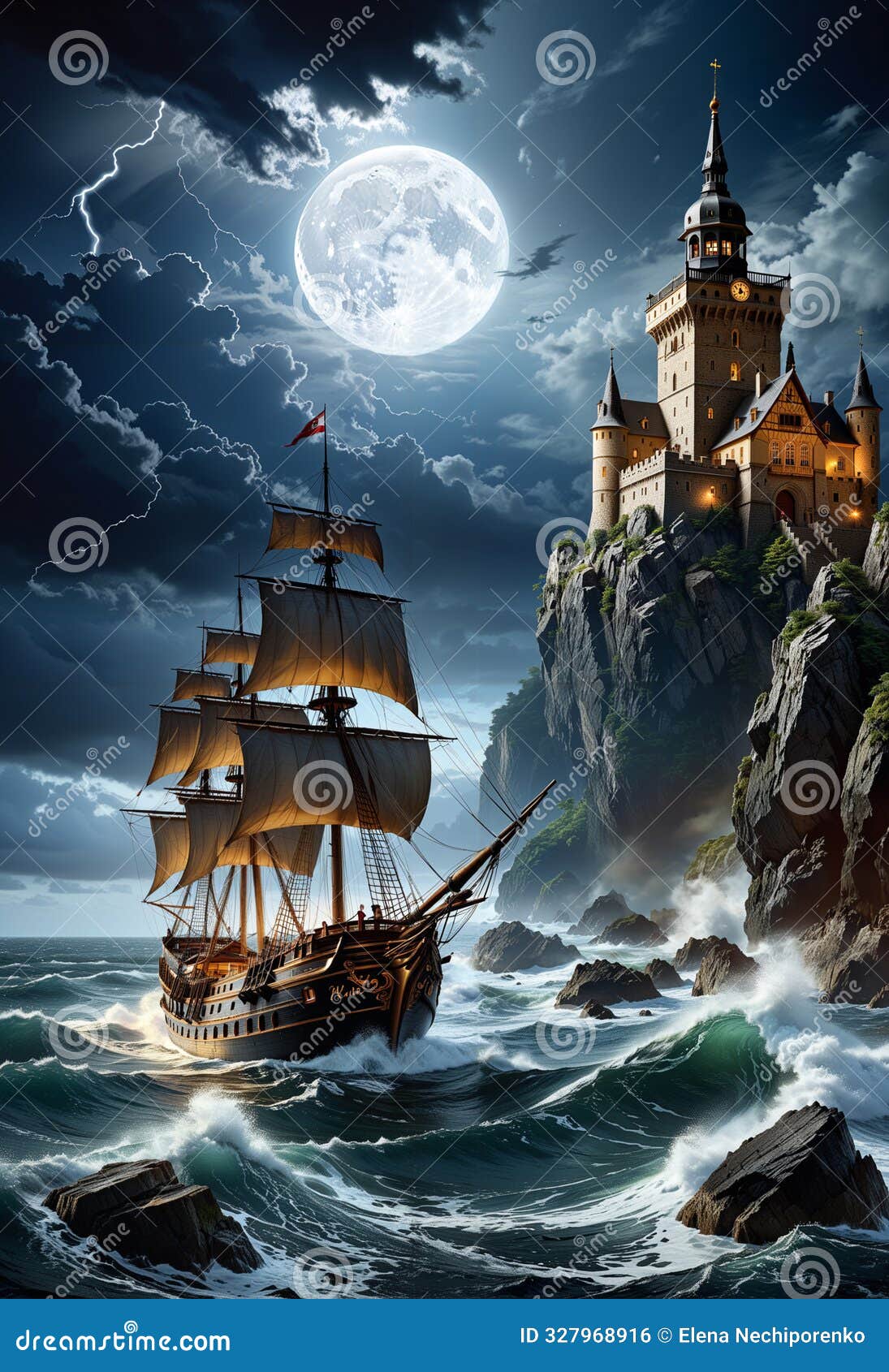 An Ancient Sailing Ship in a Stormy Sea, a Castle on a Cliff Stock ...