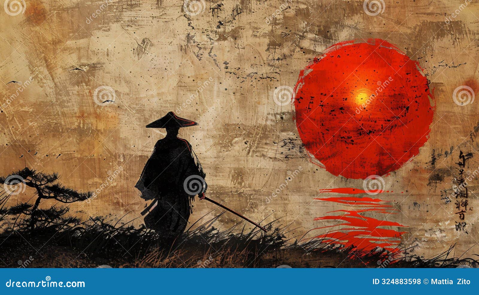 Ancient Samurai Painting with the Red Sun Stock Photo - Image of ...