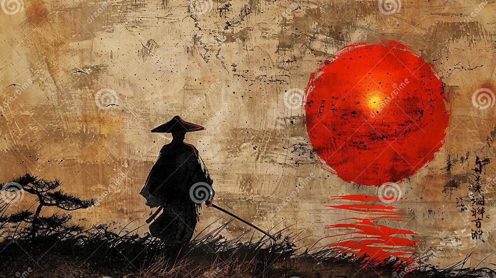 Ancient Samurai Painting with the Red Sun Stock Photo - Image of ...