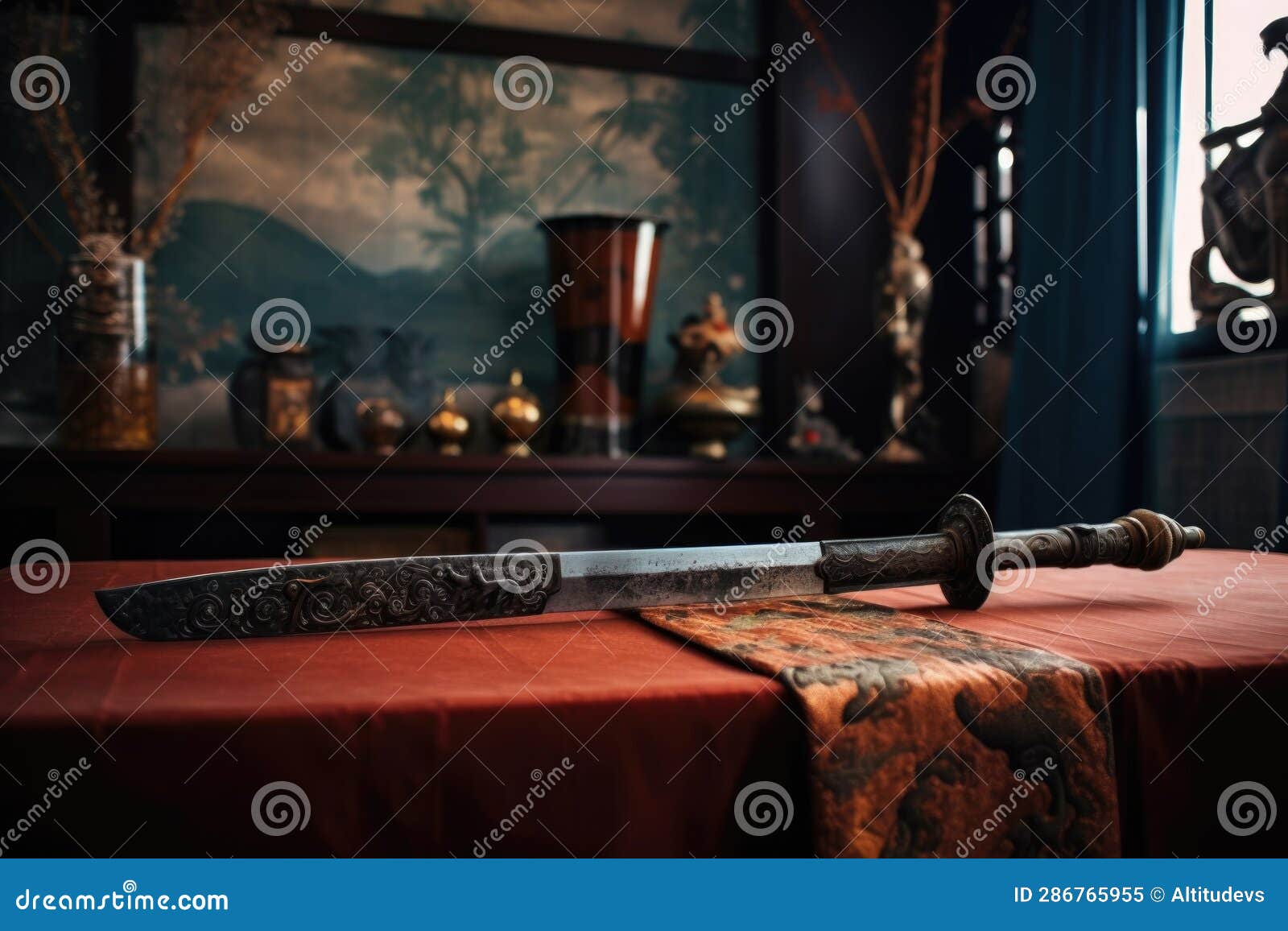 Ancient Samurai Sword in Its Sheath on a Table Stock Illustration ...