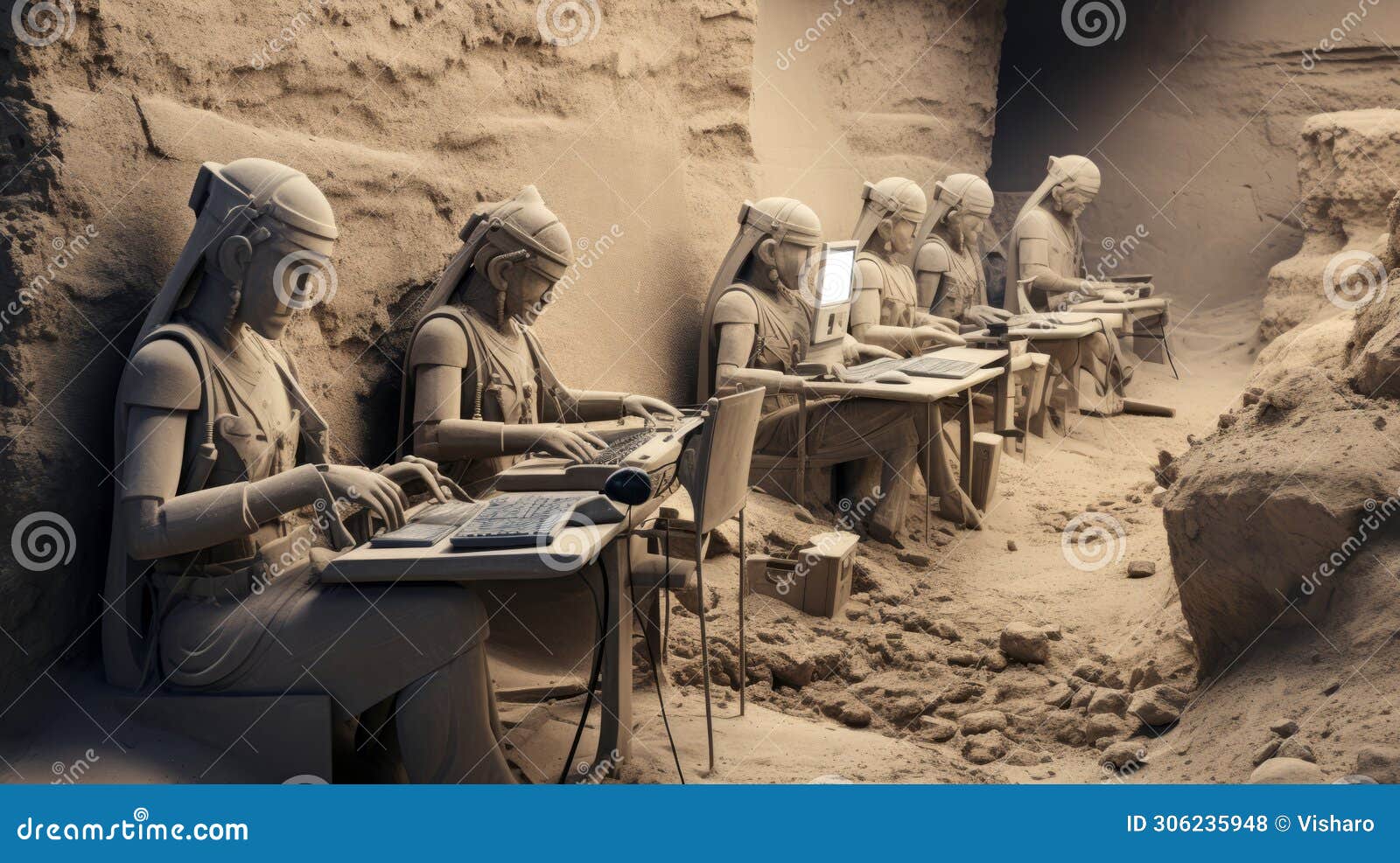 Ancient Sand Statues Typing on Keyboards Stock Illustration ...