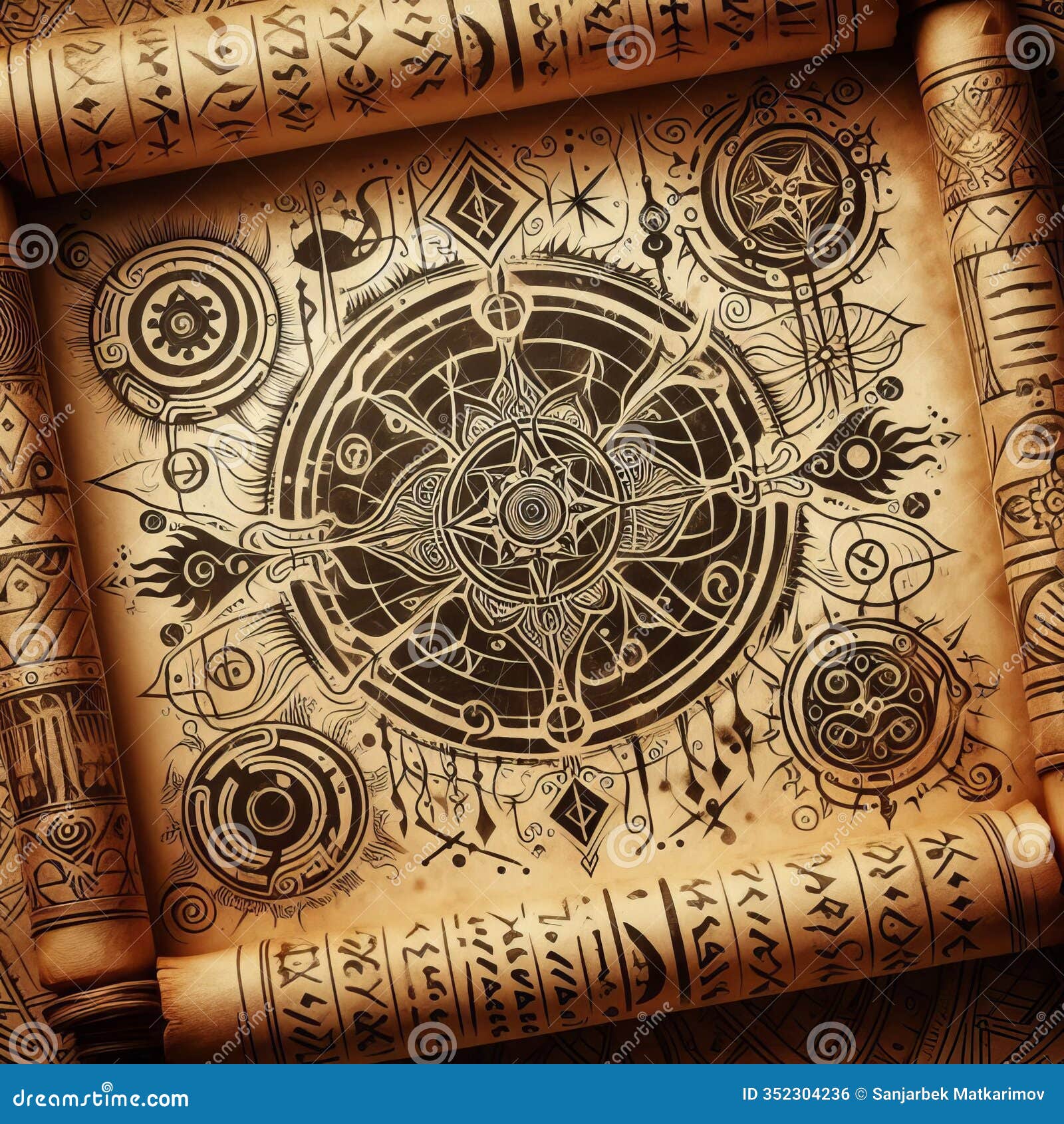 Ancient Scroll an Ancient Scroll with Mysterious Runes and Illus Stock ...