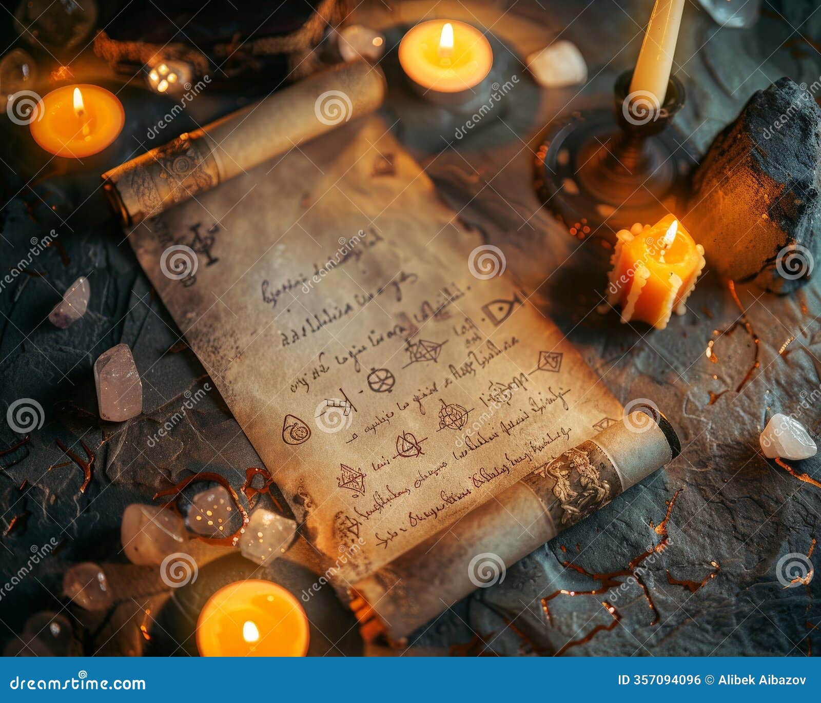 Ancient Scroll With Cryptic Symbols Illuminated By Candlelight On Stone ...