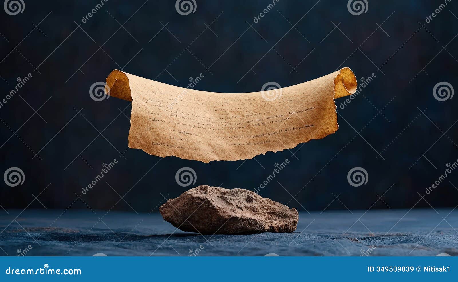 Ancient Scroll Suspended in Midair Above a Stone Creative Composition ...
