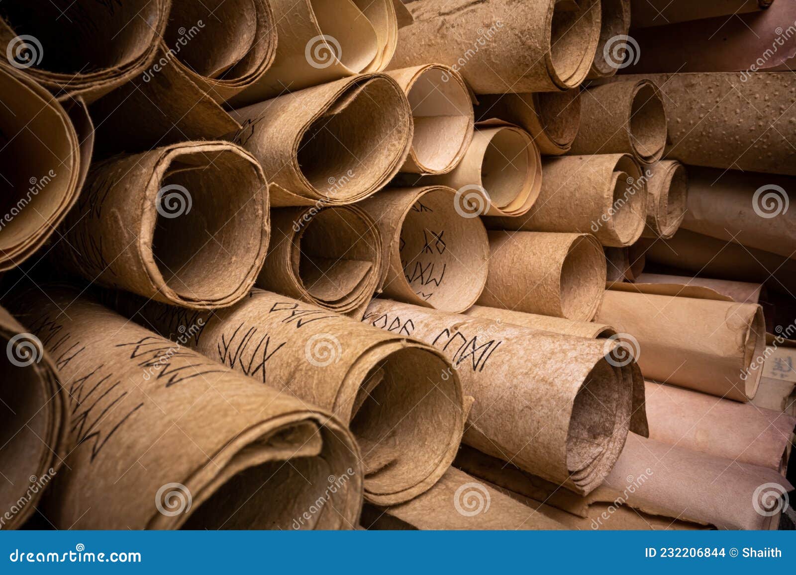 Ancient Scrolls Stacked on Pile. Old Scroll Library Stock Photo - Image ...