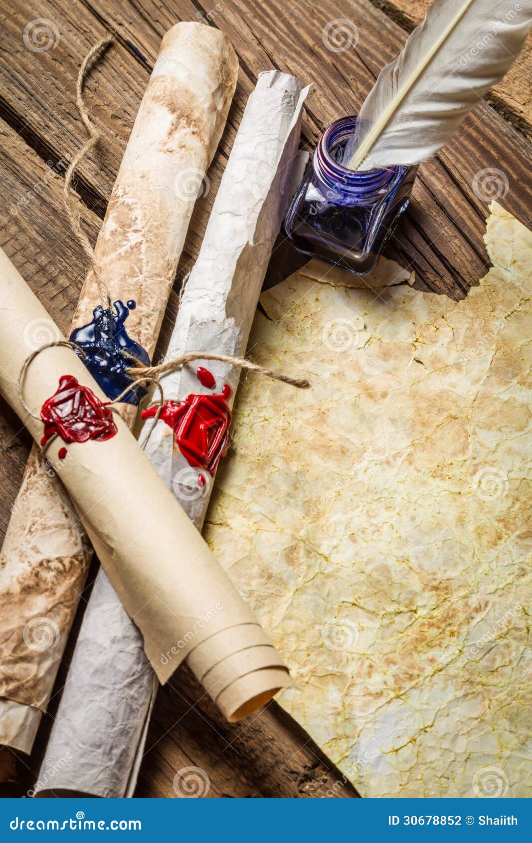 Ancient Scrolls Writing by Feather with Blue Ink Stock Photo - Image of ...