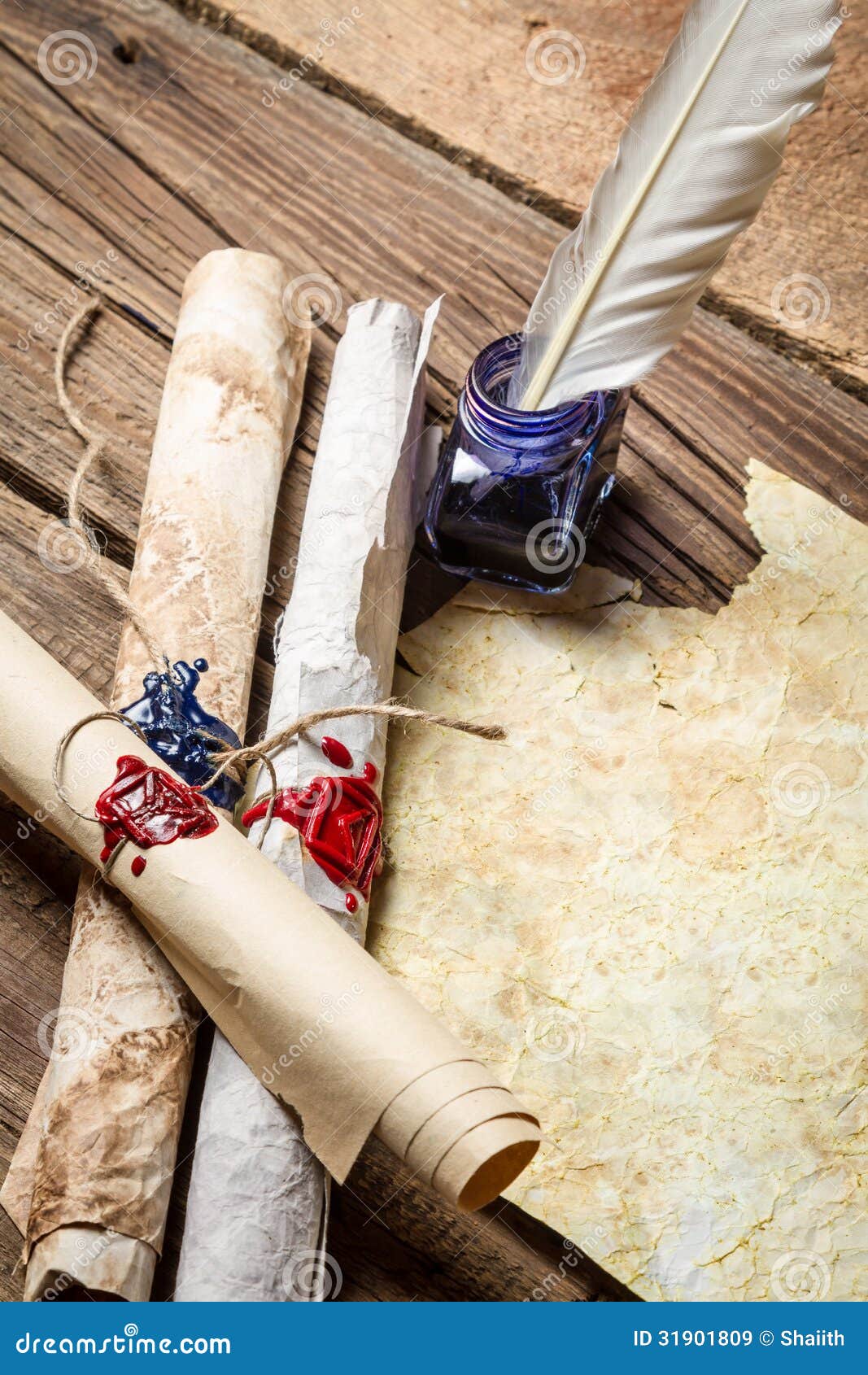 Ancient Scrolls Writing by Feather with Blue Ink Stock Image - Image of ...