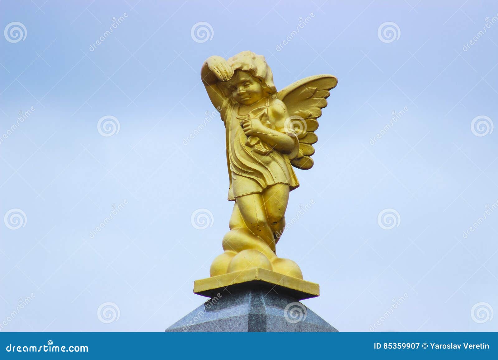 Ancient Sculpture of Crying Angel Against the Blue Sky. Stock Image ...