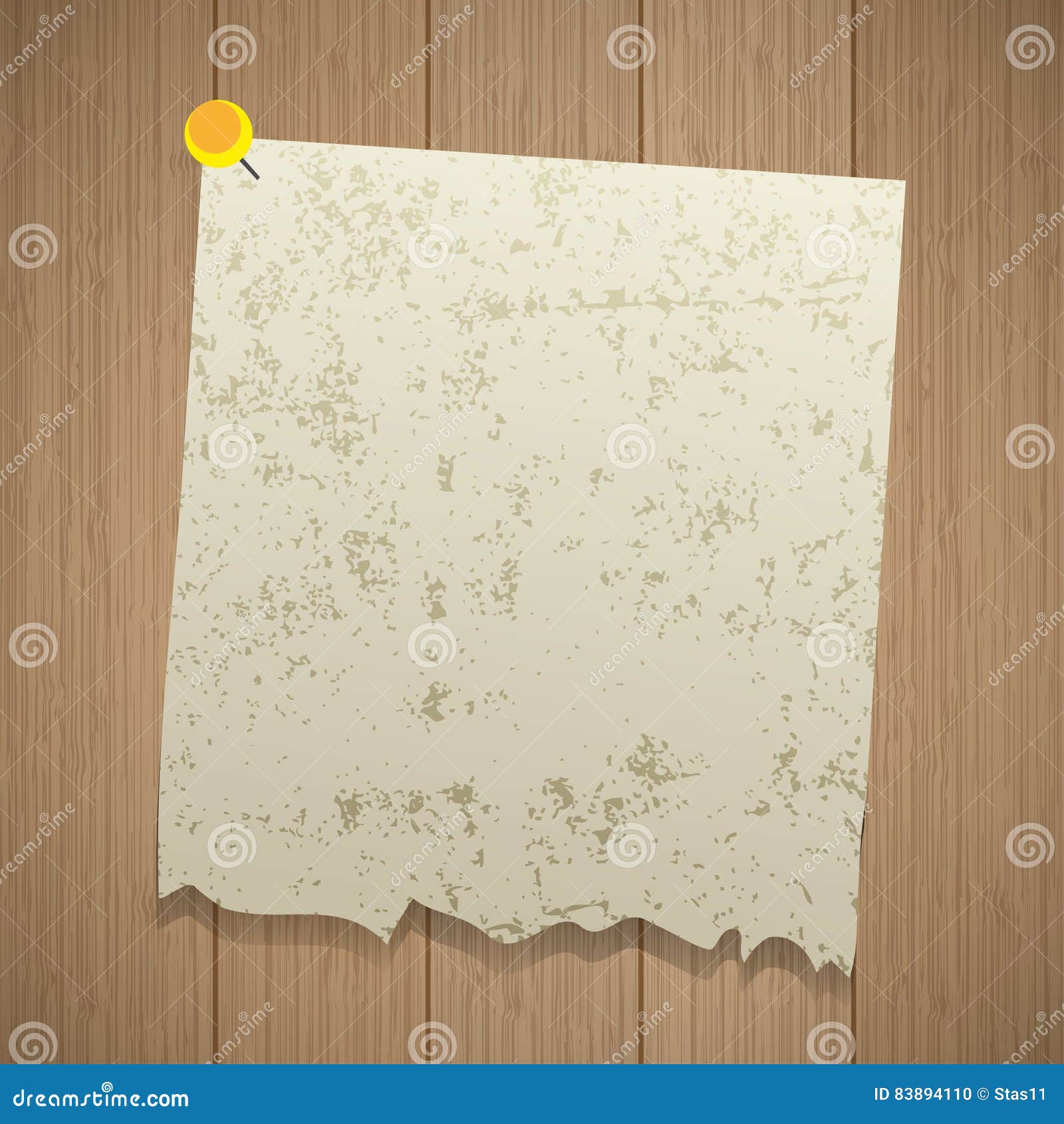 Ancient Sheet Of Torn Paper Pinned With A Pin. Wooden Background Stock ...