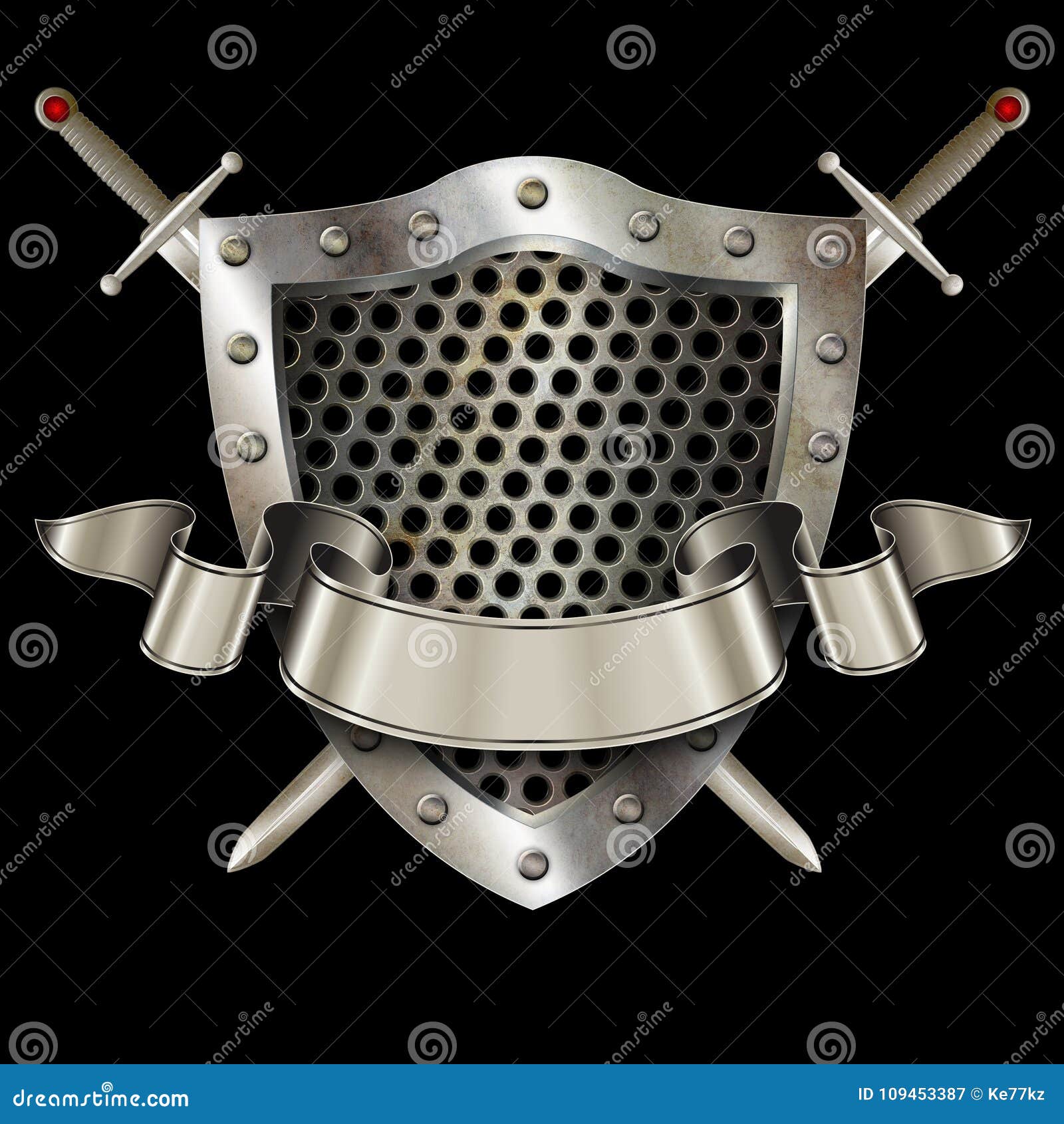 Ancient Shield with Two Swords and Silver Ribbon. Stock Illustration ...