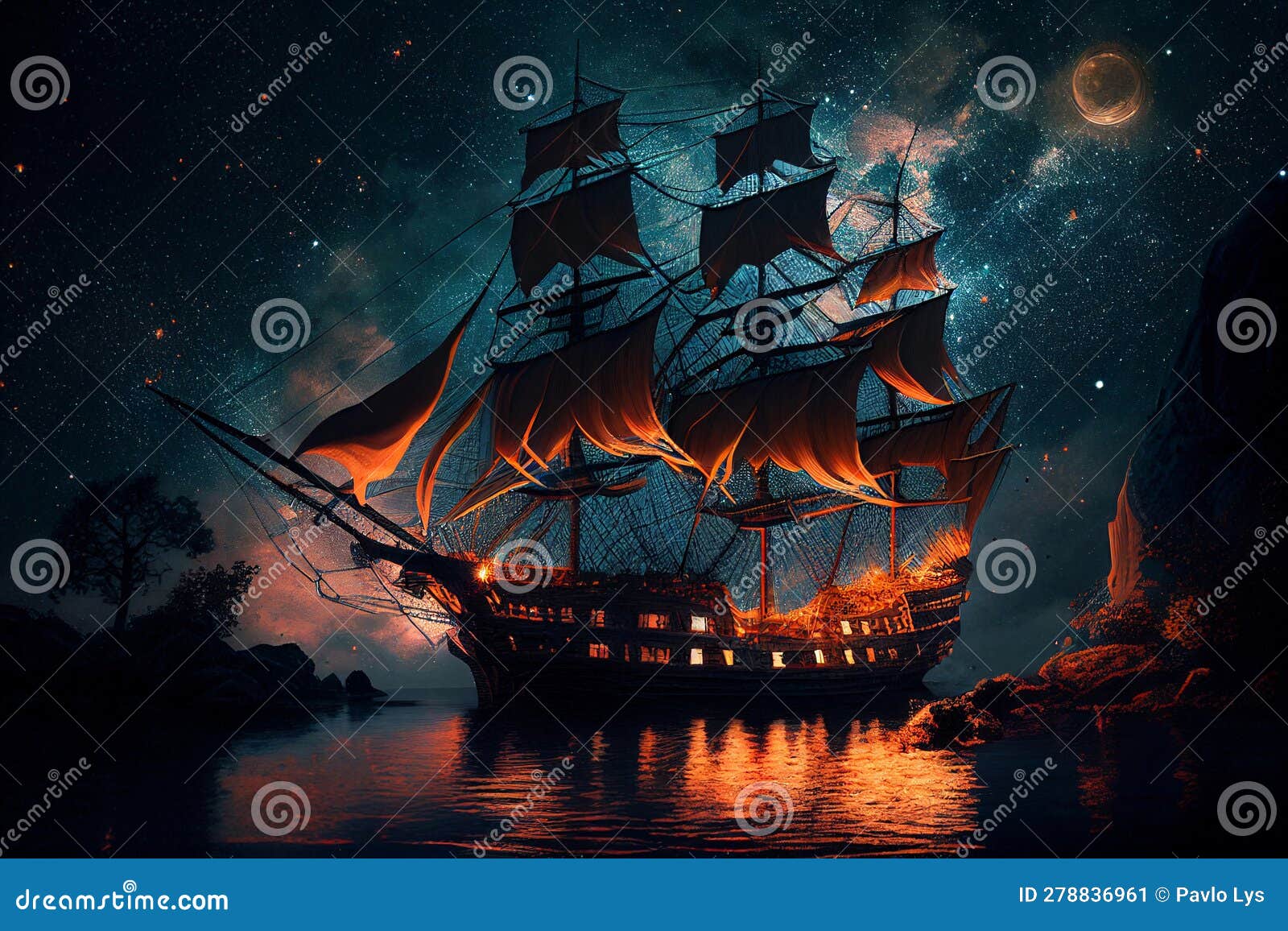 Old Ship In The Night Full Moon Illustration | CartoonDealer.com #215923528
