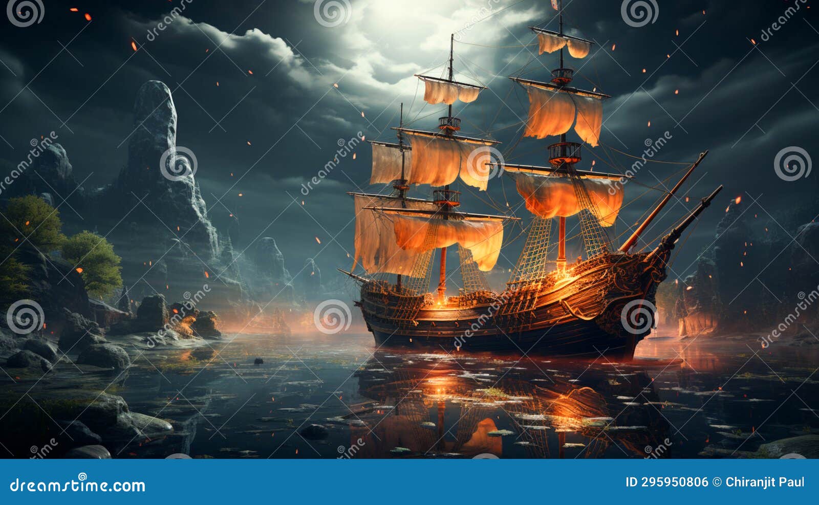 Ancient Ship Night Stars and Moon with Moonlit Night Stock Illustration ...