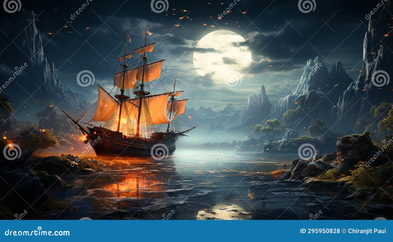 Ancient Ship Night Stars and Moon with Moonlit Night Stock Illustration ...