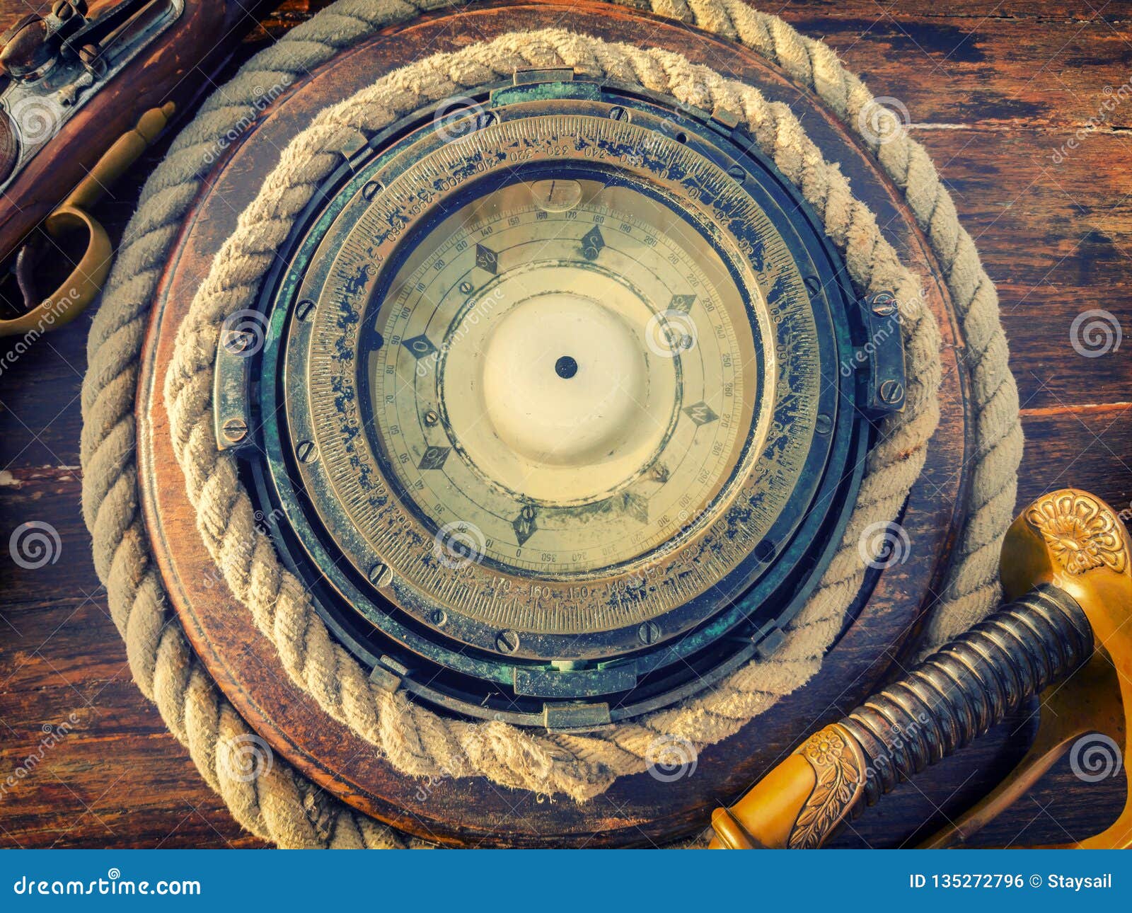 Ancient Gyroscopic Ship`s Compass And Weapons Royalty-Free Stock Image ...