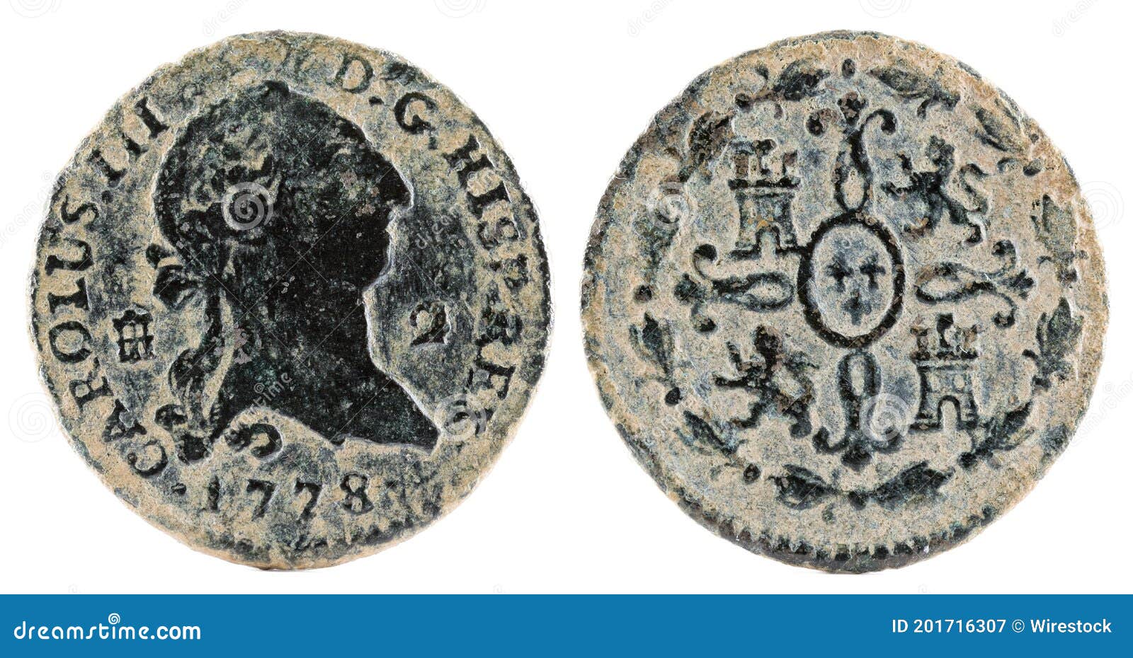 Ancient Spanish Copper Coin of the King Carlos III Stock Image - Image ...