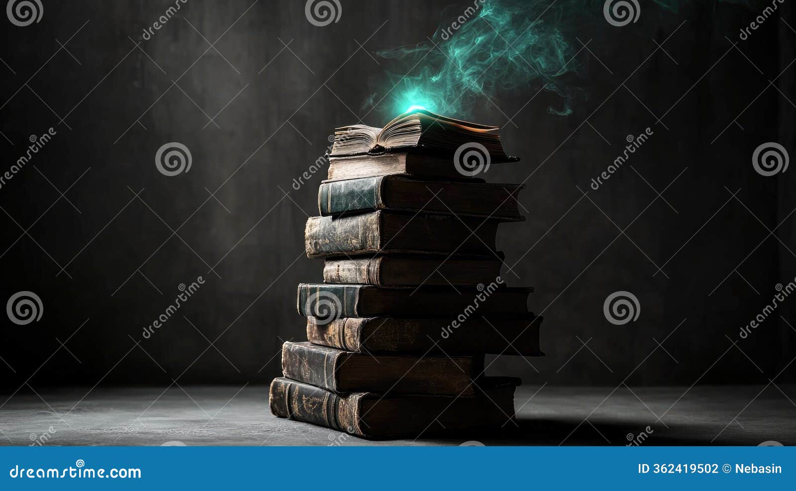 Ancient Spellbook on Stack of Books with Mysterious Glowing Magic and ...