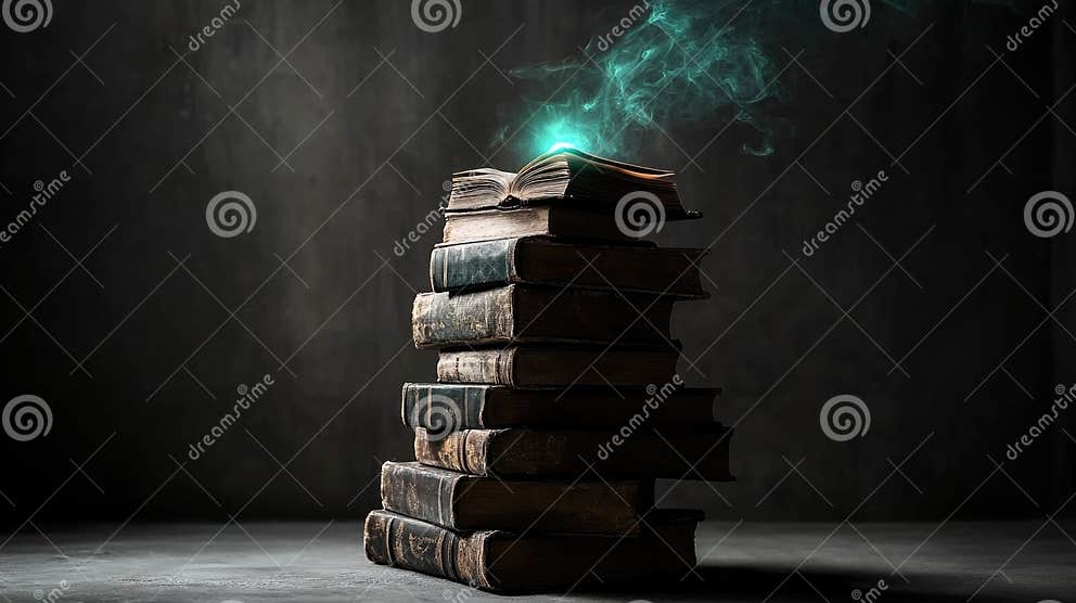 Ancient Spellbook on Stack of Books with Mysterious Glowing Magic and ...