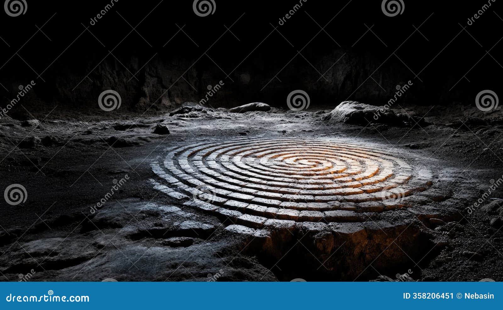 Ancient Spiral Stone Pattern on Cave Floor Illuminated by Soft Light ...