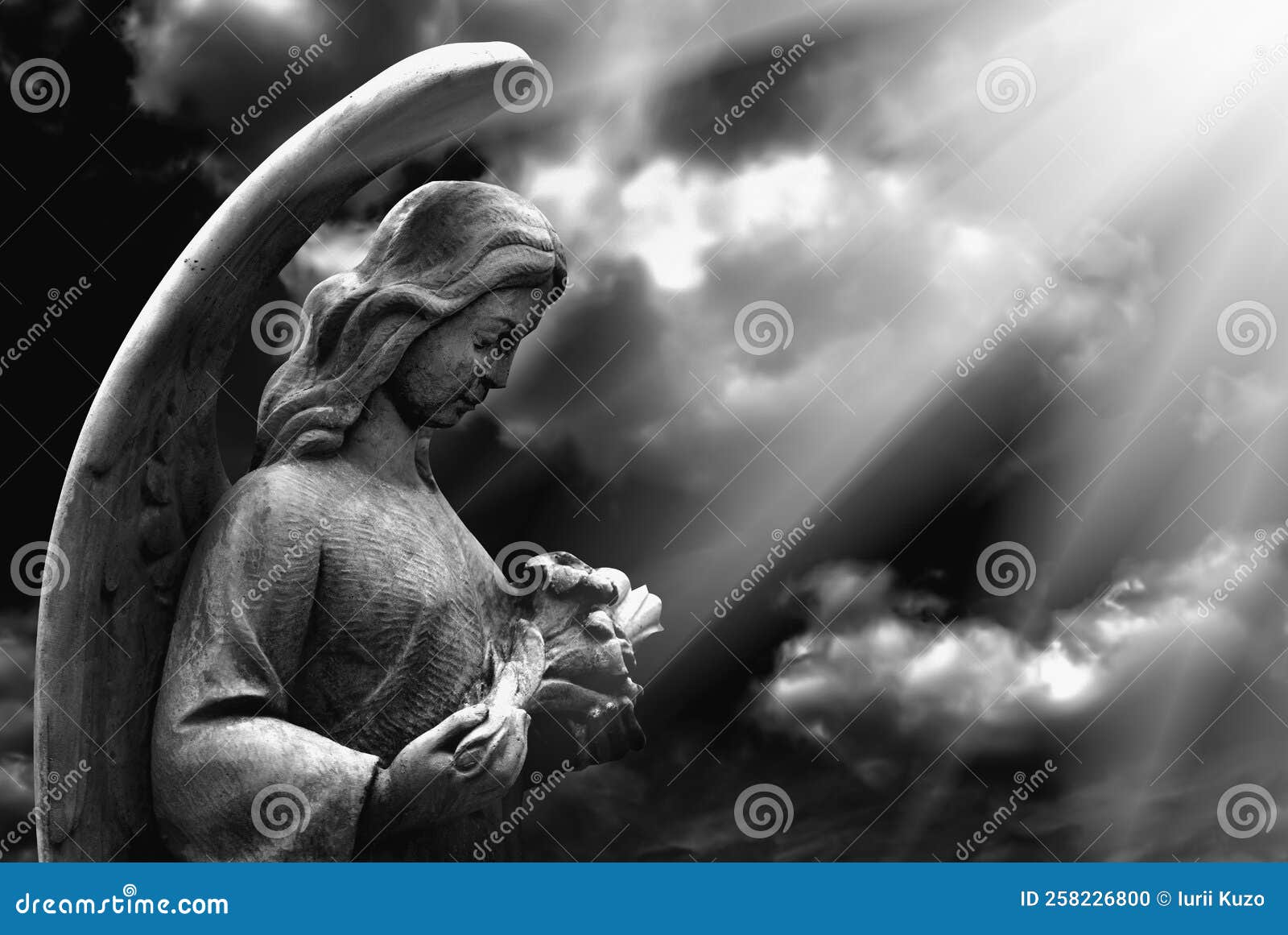 An Ancient Statue of Guardian Angel. Black and White Image Stock Photo ...