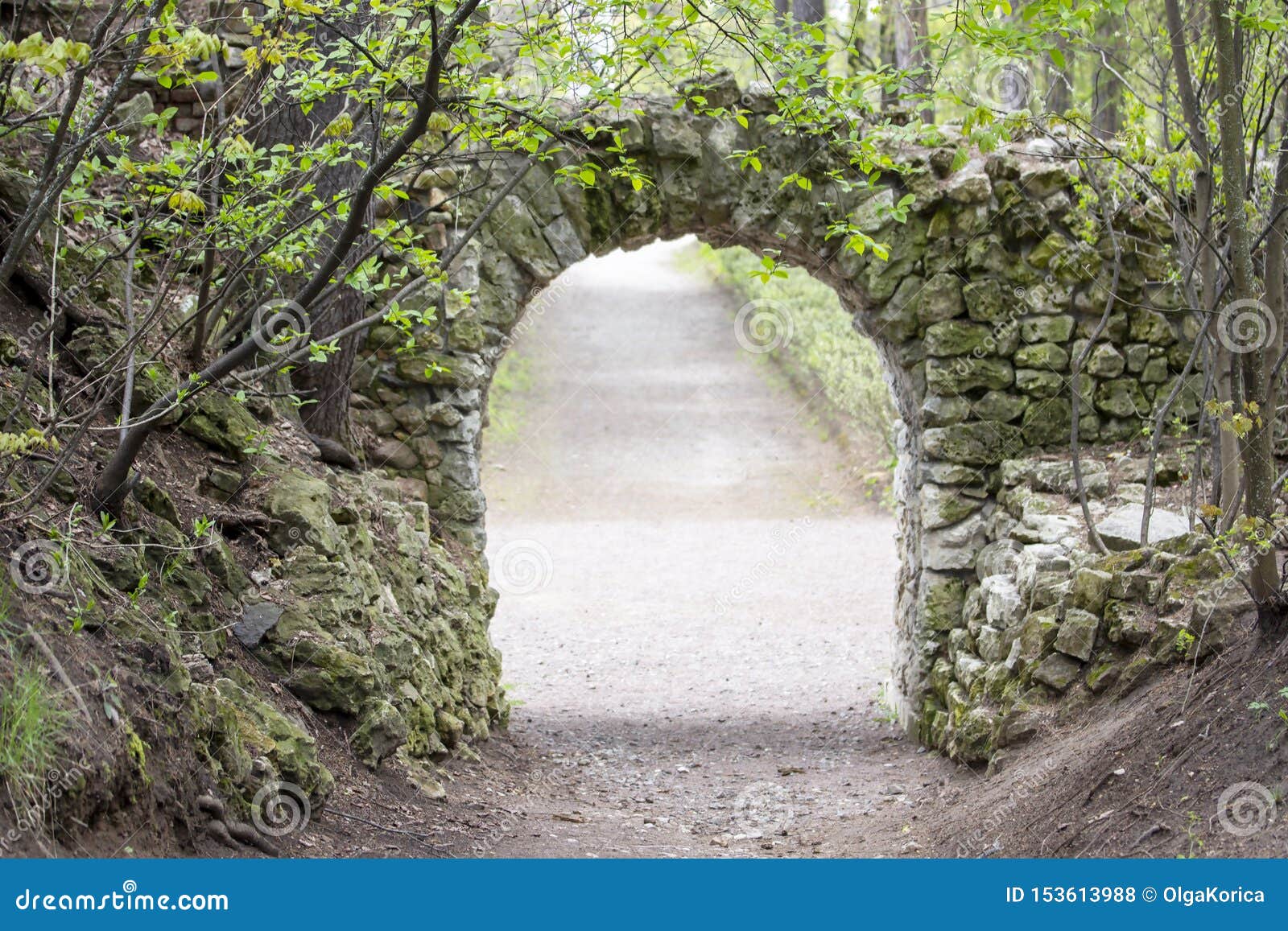 Ancient Stone Arch Overgrown With Moss Path Leading To Stone Wall