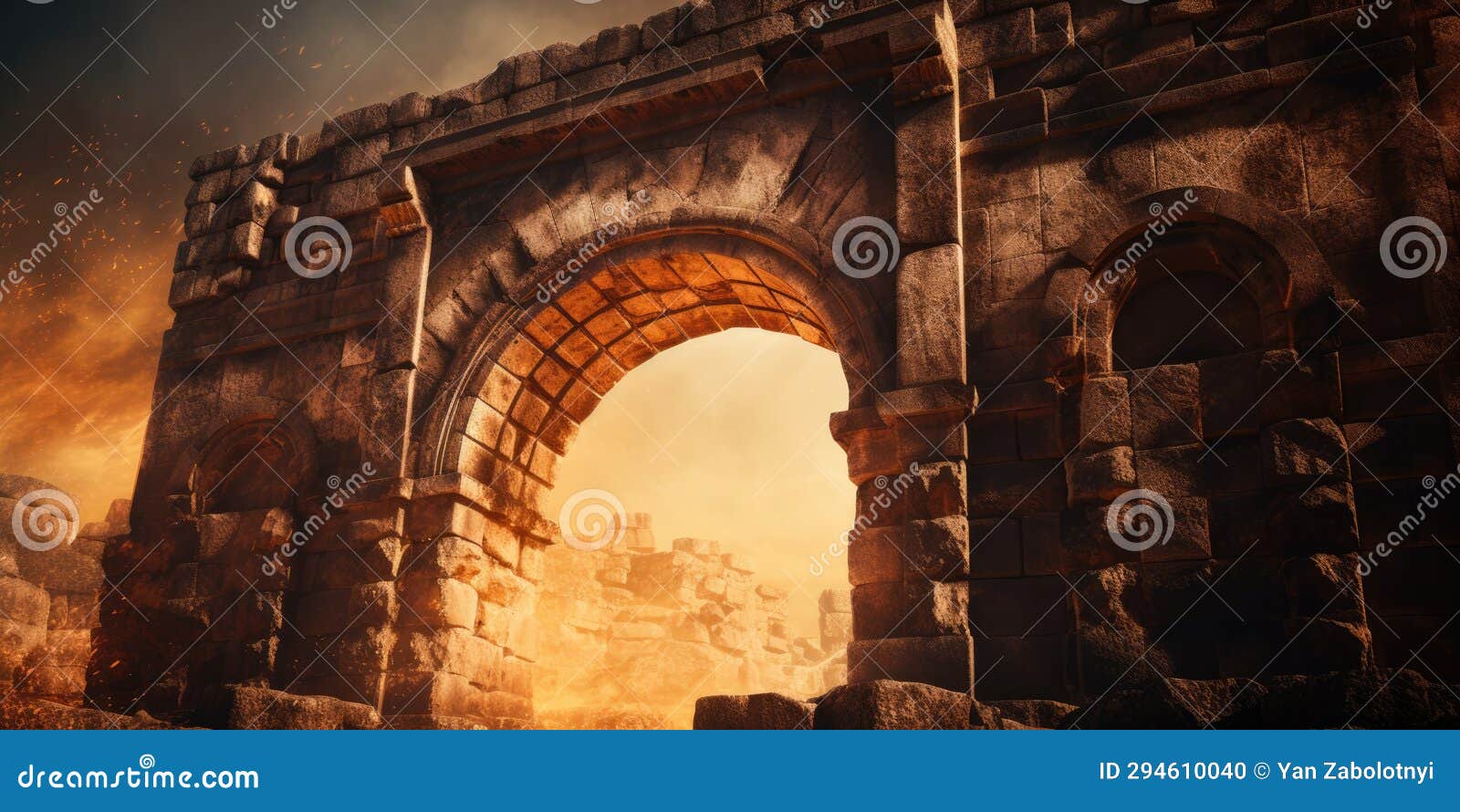 Ancient Stone Arches from Classic Architecture Adorned with Fire Flames ...