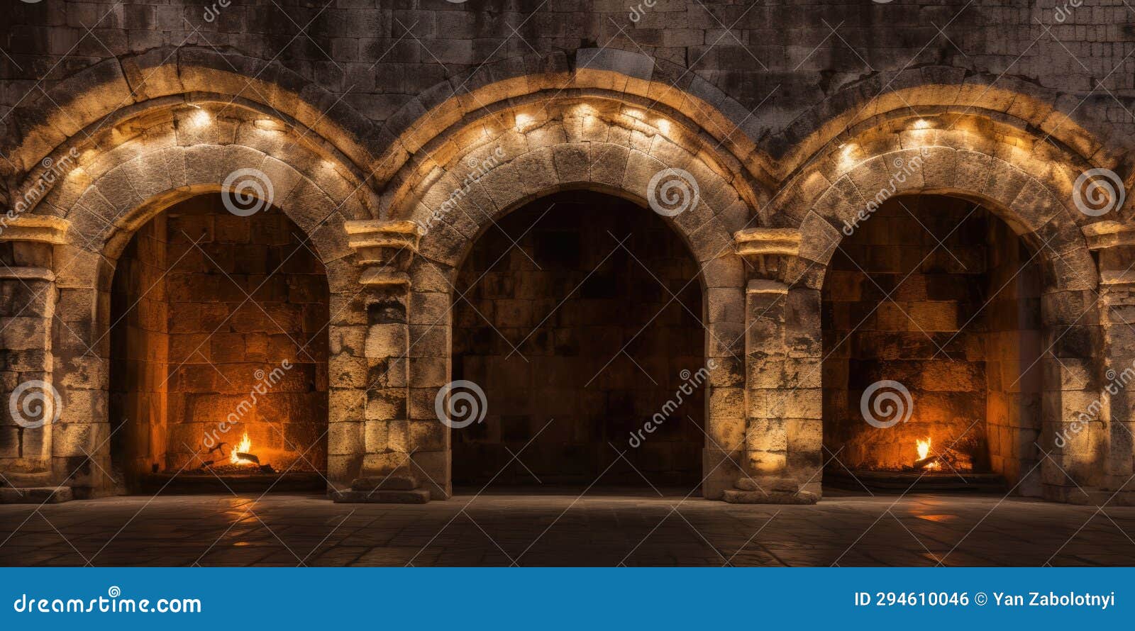 Ancient Stone Arches from Classic Architecture Adorned with Fire Flames ...
