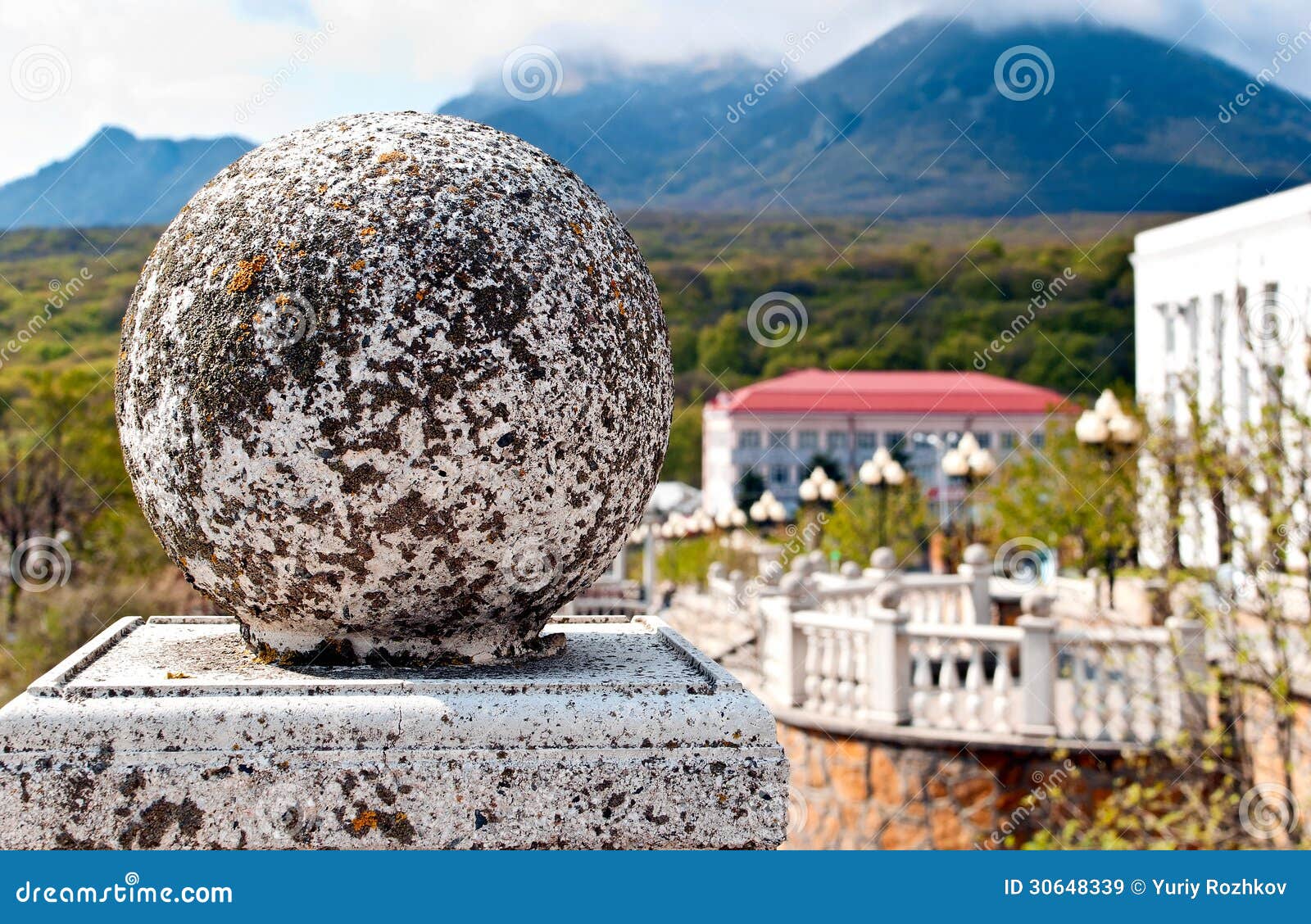 Ancient Stone Ball Railing Against Mountains Stock Image - Image of ...