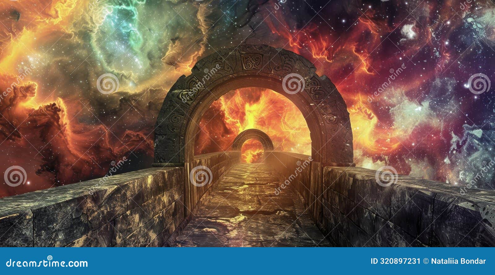 Ancient Stone Bridge Leading through Cosmic Archways into Nebula ...