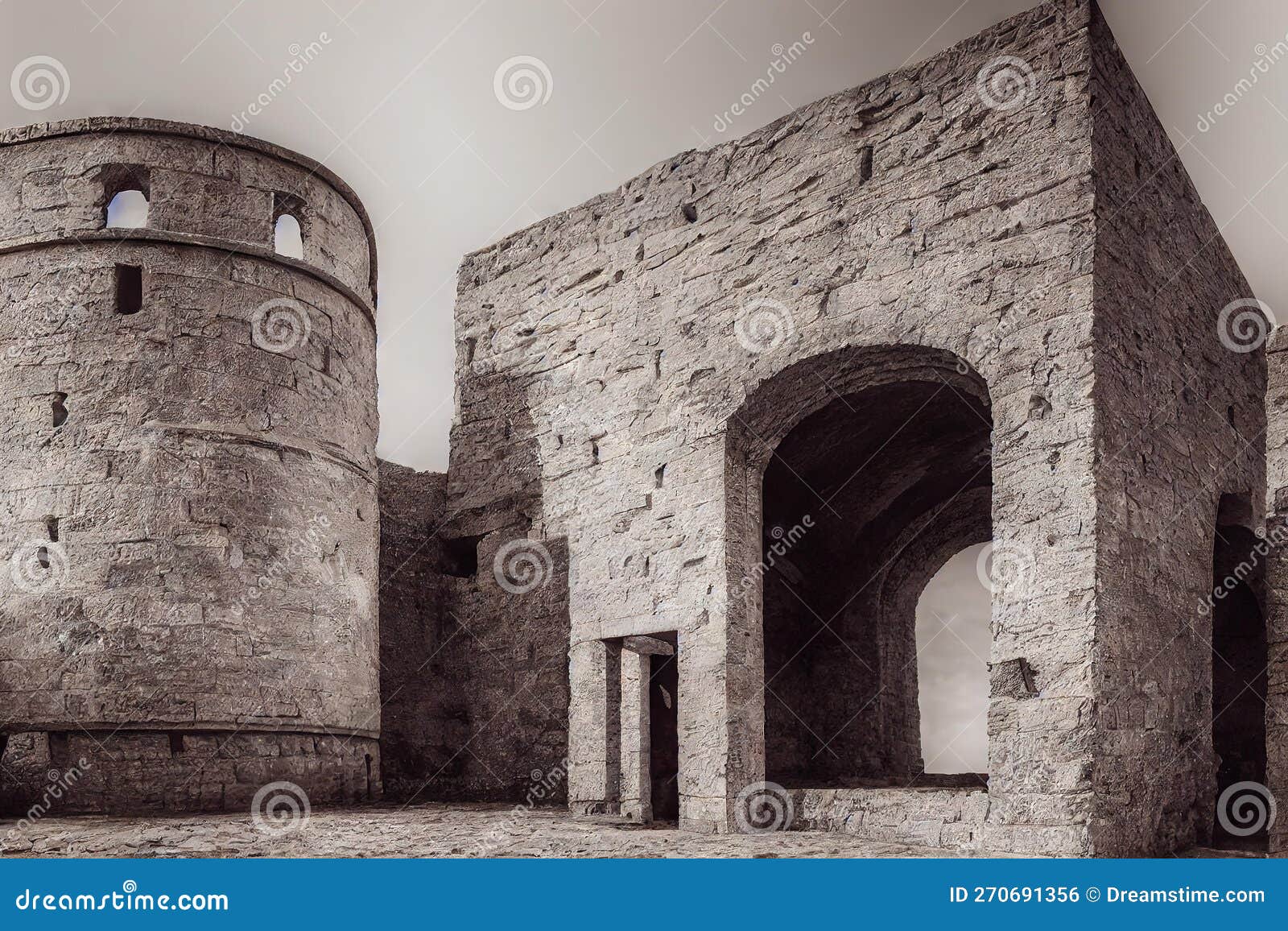 Ancient Stone Building with Tower and Arch Digital Illustration. Stock ...