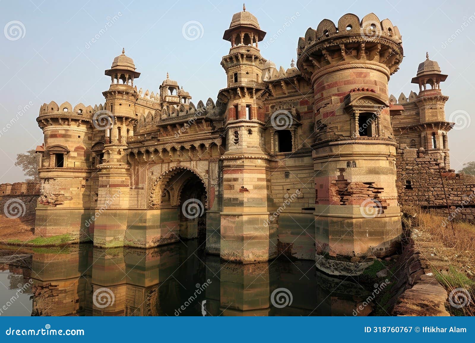 An Ancient Stone Castle with Towering Turrets Stands by a Body of Water ...