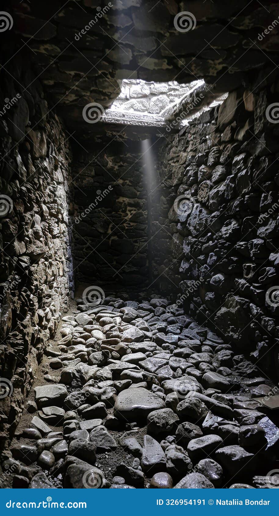 Ancient Stone Cave with Light Beam. Mysterious Rocky Cave Interior with ...