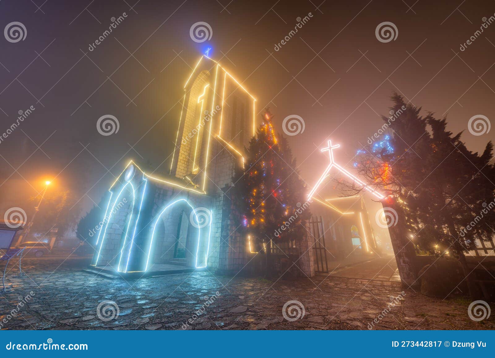 Ancient Stone Church of Sapa with Mist Night Sky Stock Image - Image of ...