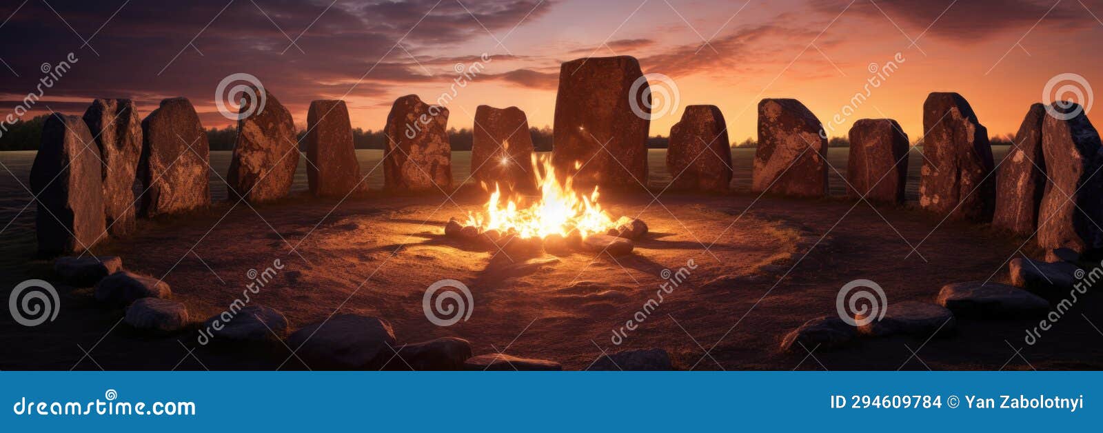 An Ancient Stone Circle Altar Surrounded by Fire Stock Illustration ...
