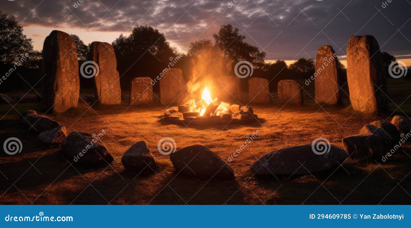 An Ancient Stone Circle Altar Surrounded by Fire Stock Illustration ...