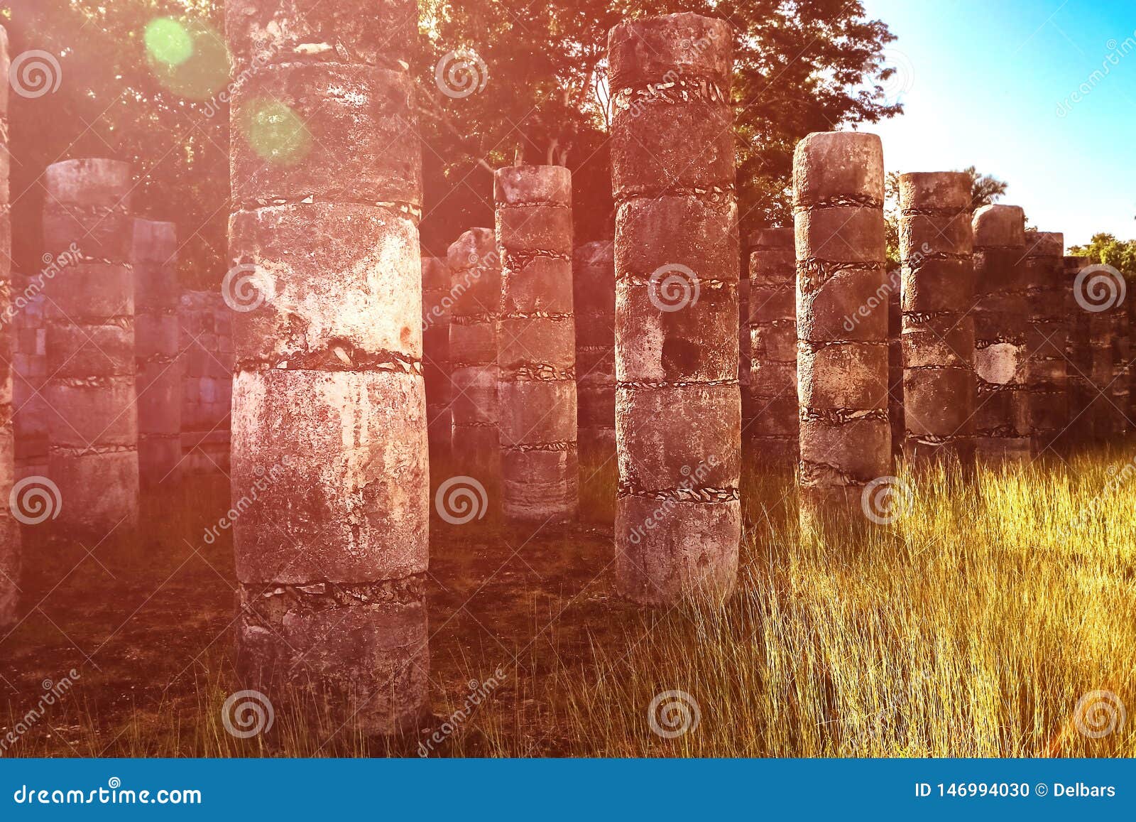 Ancient Stone Columns In Chichen Itza. Famous Archaeological Complex In ...