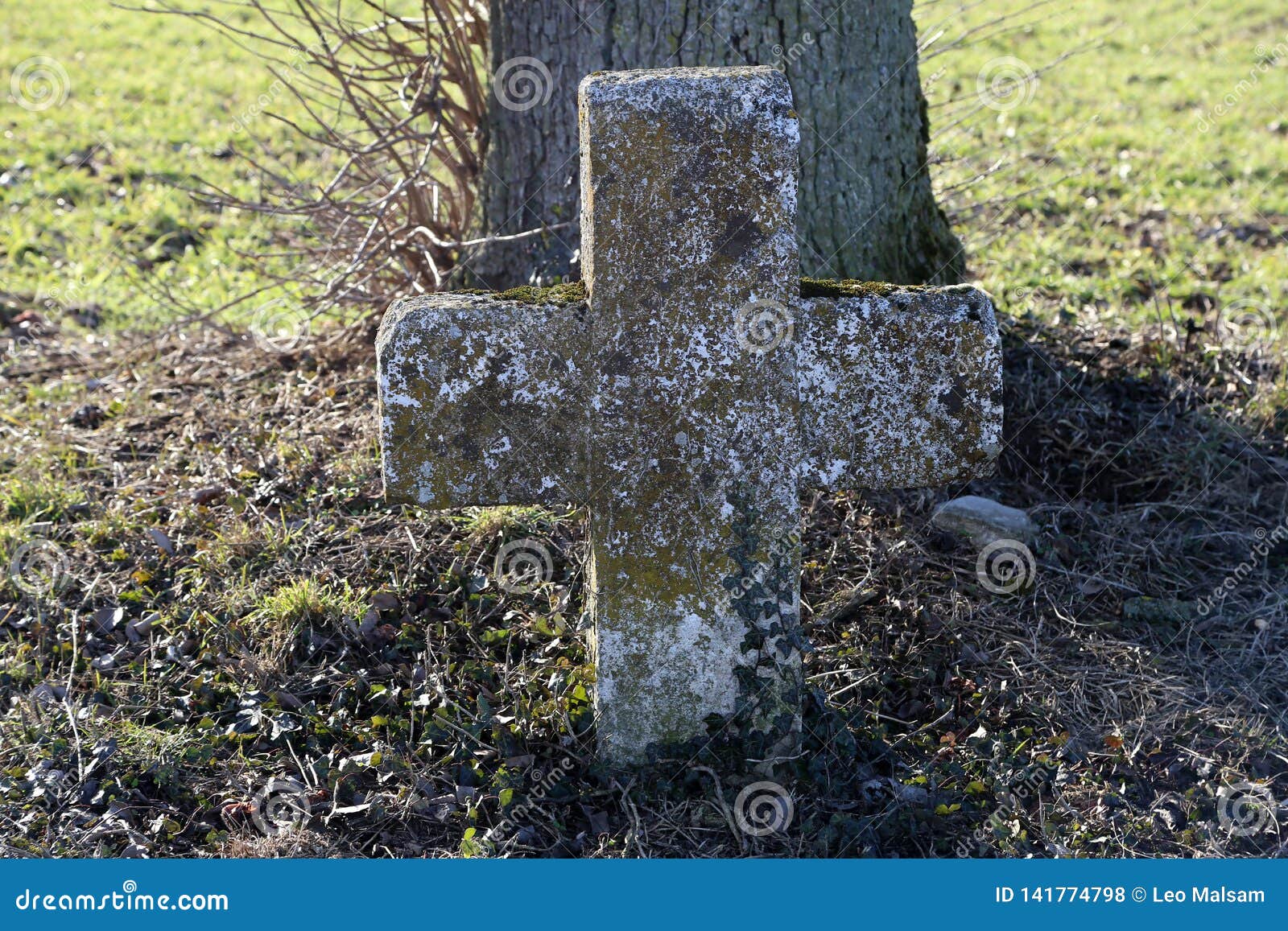 An Ancient Stone Cross Under a Tree by the Road Stock Photo - Image of ...
