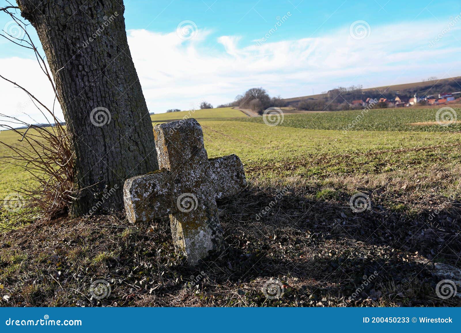 Ancient Stone Cross Under a Tree by the Road Stock Image - Image of ...