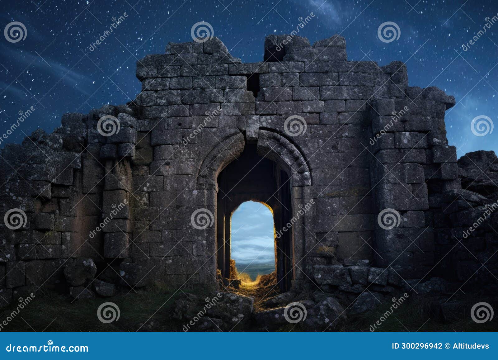 Ancient Stone Door Against a Starry Night Sky Stock Photo - Image of ...