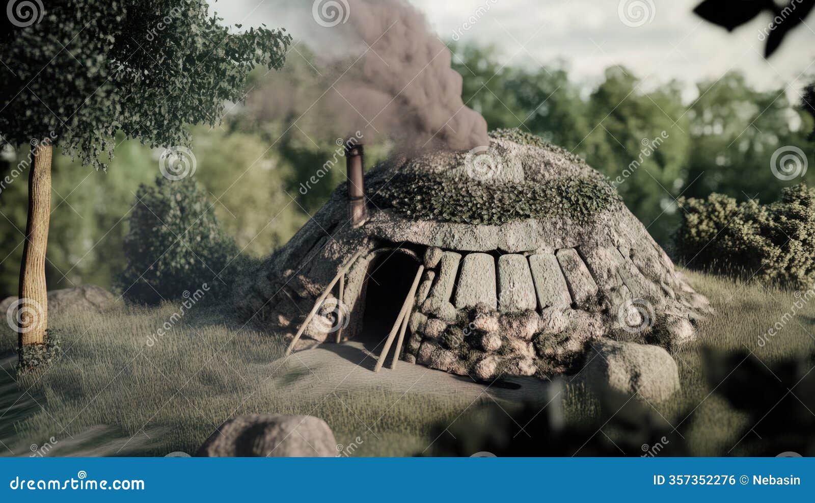 Ancient Stone Dwelling with Smoke in Lush Forest Landscape Stock Photo ...