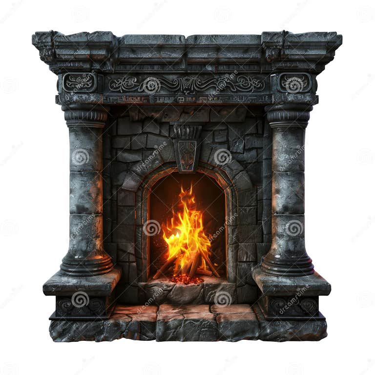 Ancient Stone Fireplace with Burning Fire Stock Image - Illustration of ...