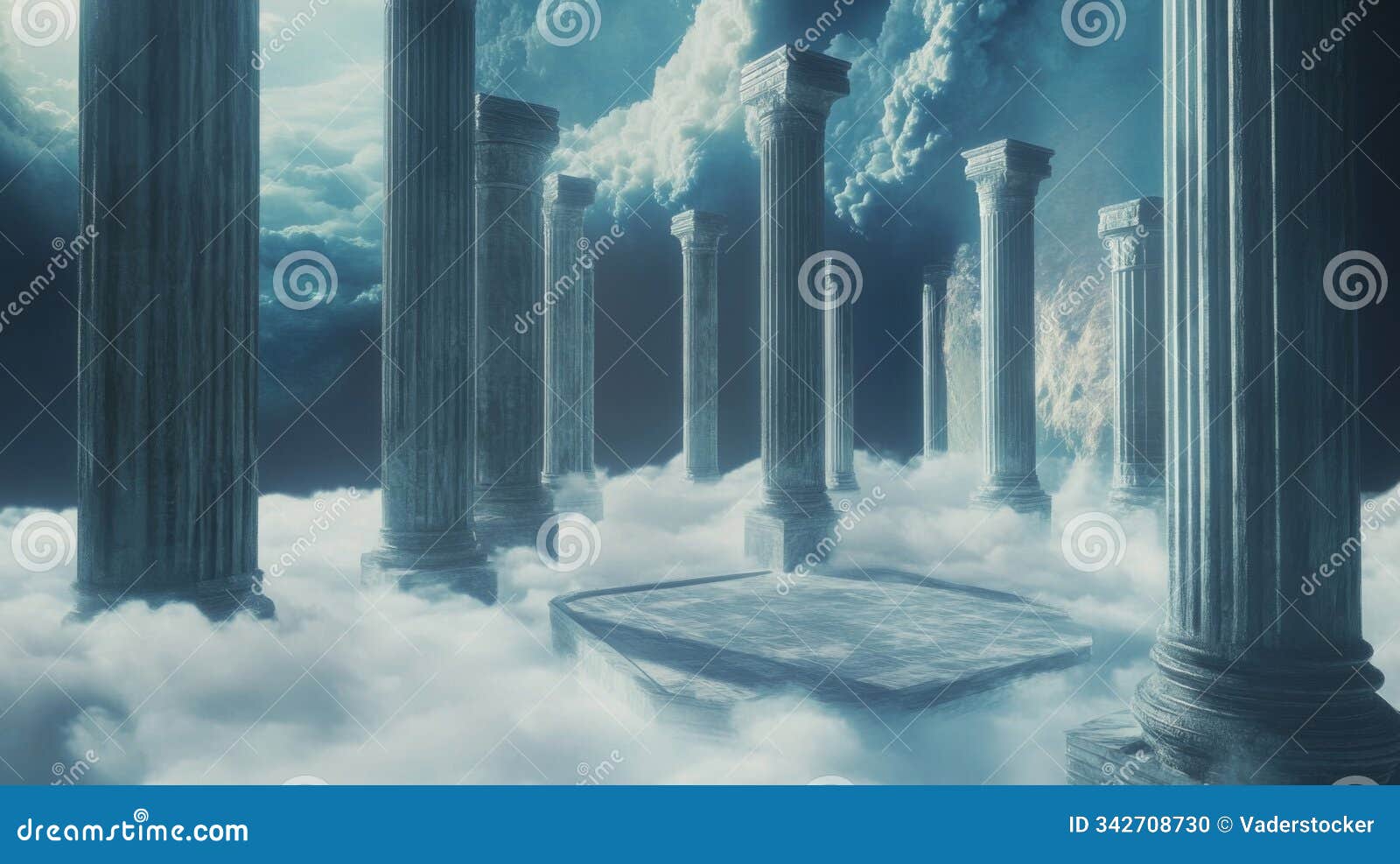 Ancient Stone Pillars Emerging from Clouds in a Mystical Setting Stock ...