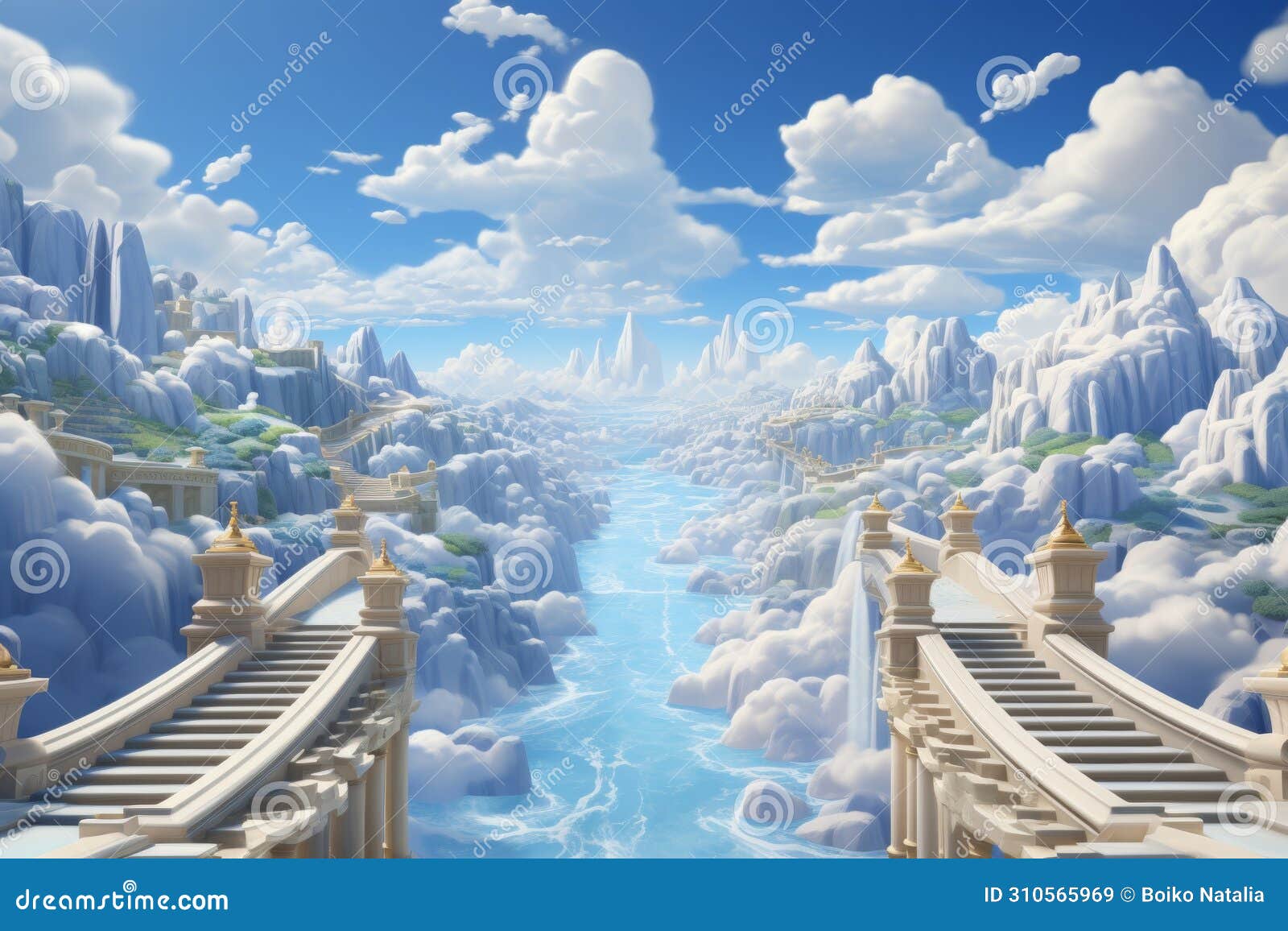 Ancient Stone Staircase Ascending into Celestial Gates Adorned with ...