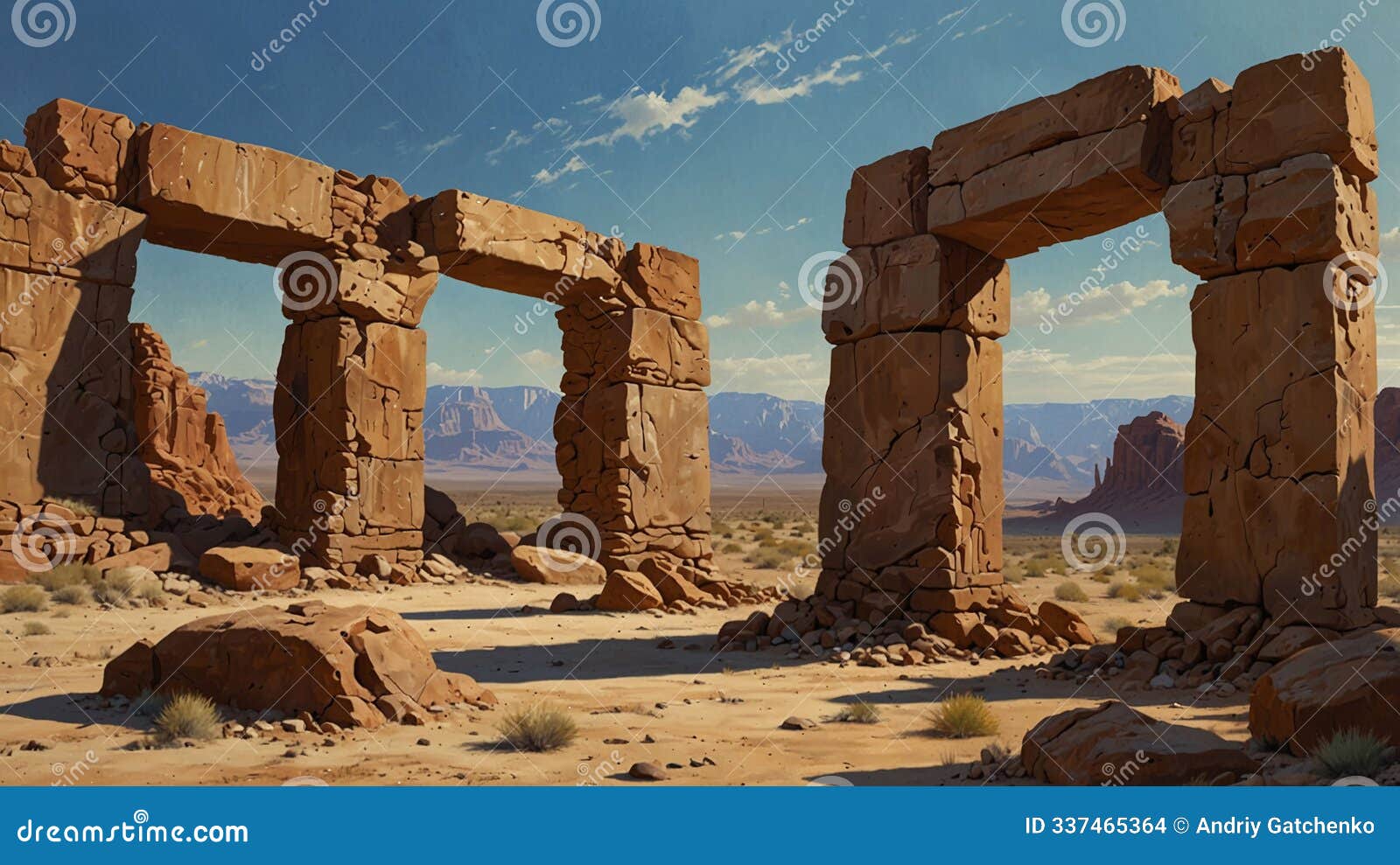 Ancient Stone Structures in Desert with Blue Sky and Distant Mountain ...