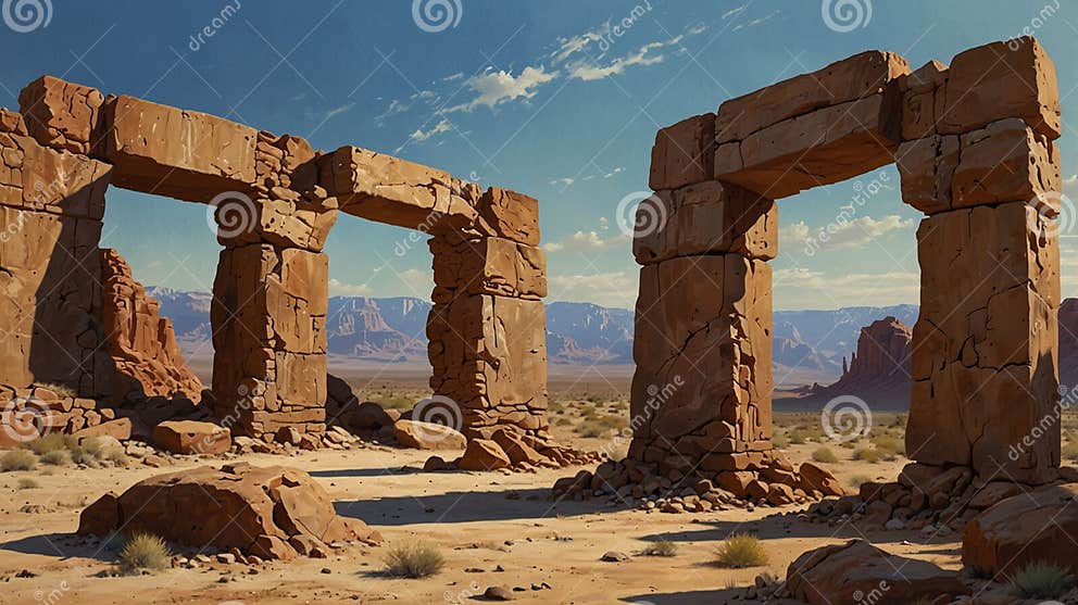 Ancient Stone Structures in Desert with Blue Sky and Distant Mountain ...