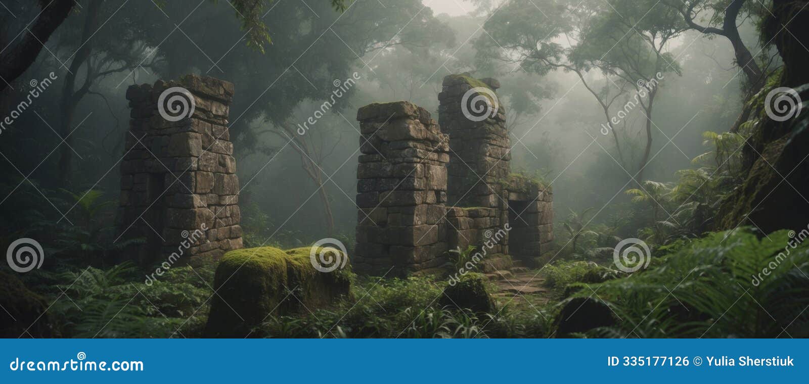 Ancient Stone Structures Overgrown by Lush Vegetation in a Misty Jungle ...