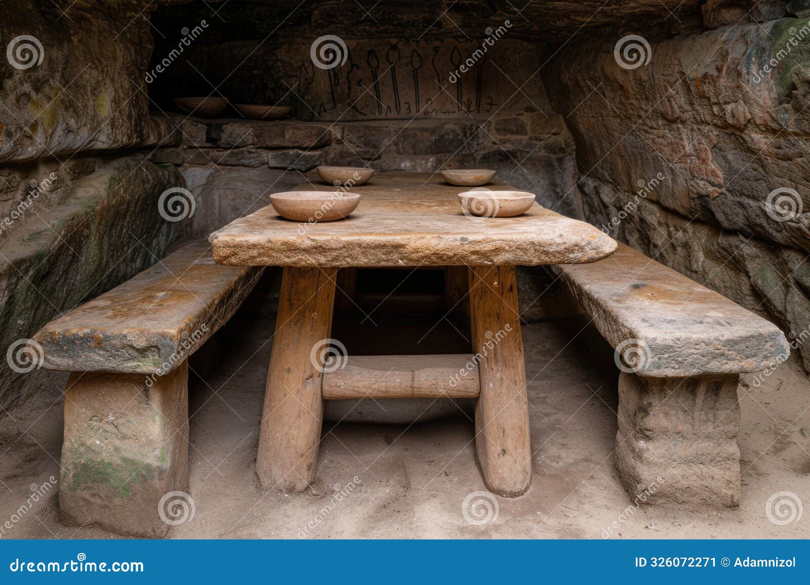 Ancient Stone Table and Benches in a Cave Stock Illustration ...
