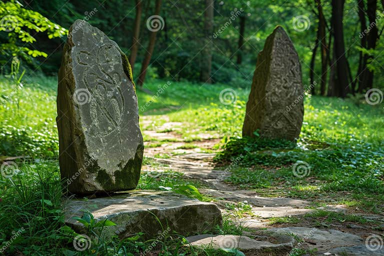 Ancient Stone Tablets Along a Forest Path Stock Illustration ...