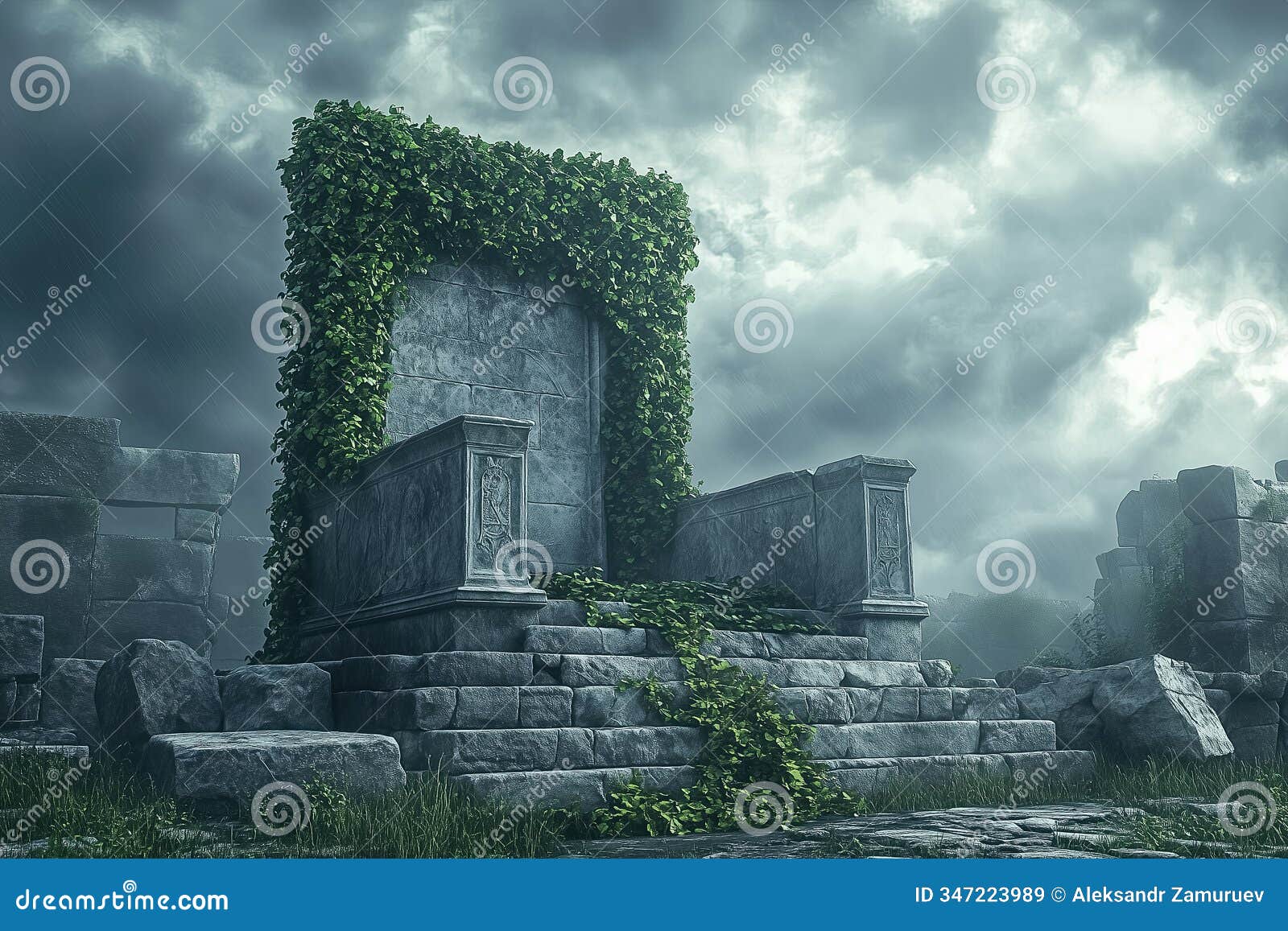 An Ancient Stone Throne Sits Isolated among Weathered Ruins, Adorned ...