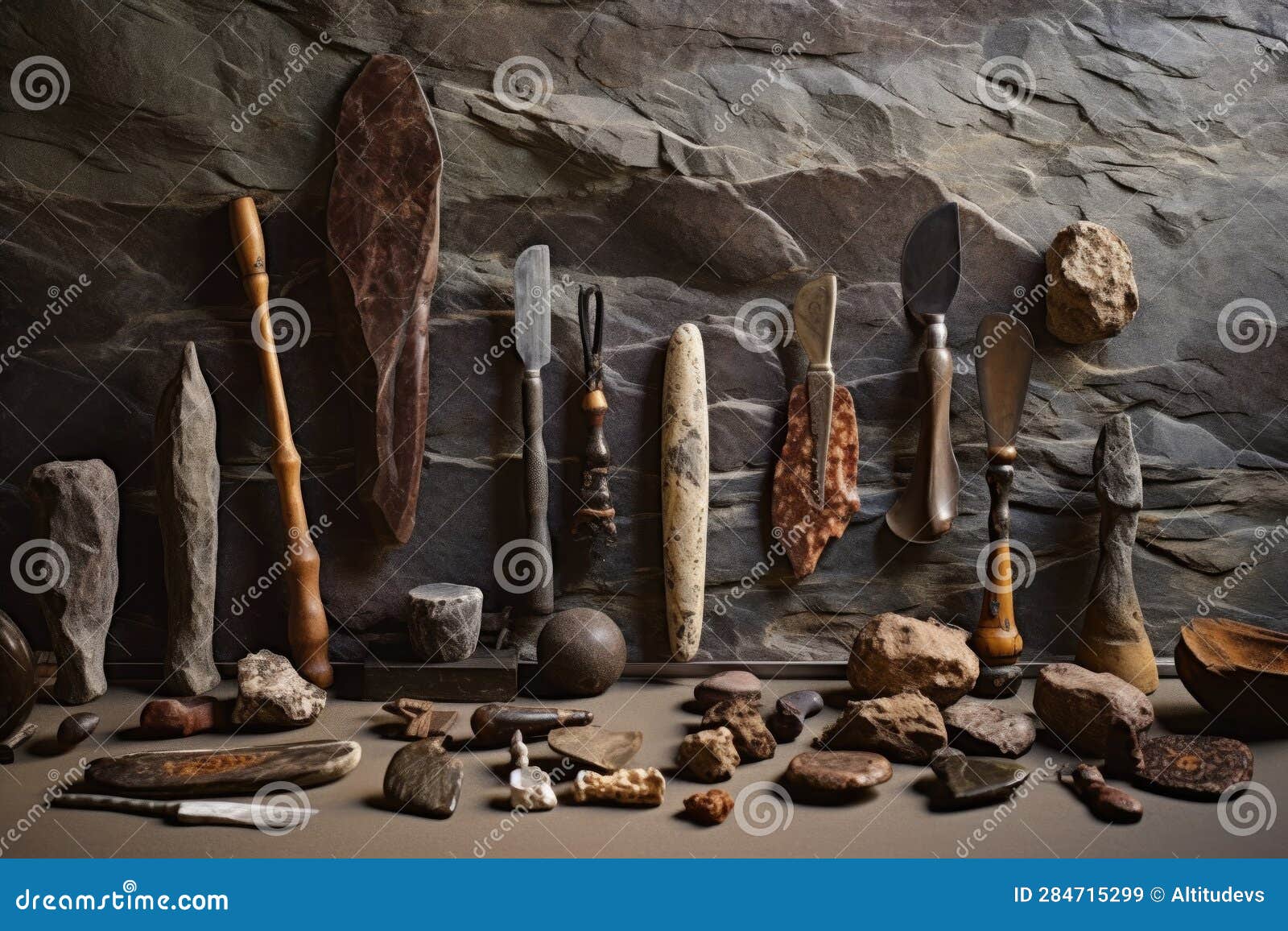 Ancient Stone Tools Displayed on Natural Surface Stock Image - Image of ...